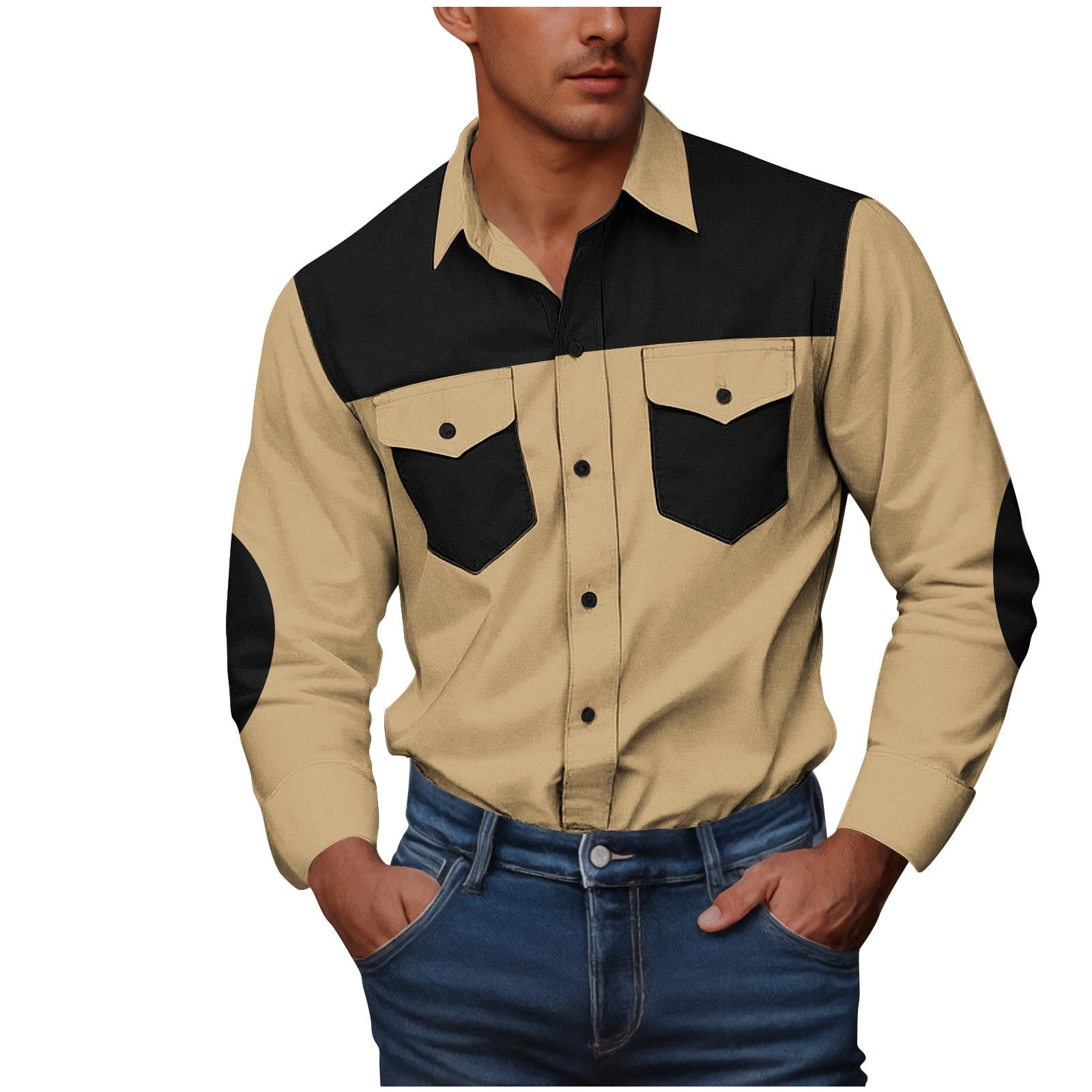 ZCFZJW Mens Western Cowboy Shirts Classic Fit Color Block Long Sleeve ...