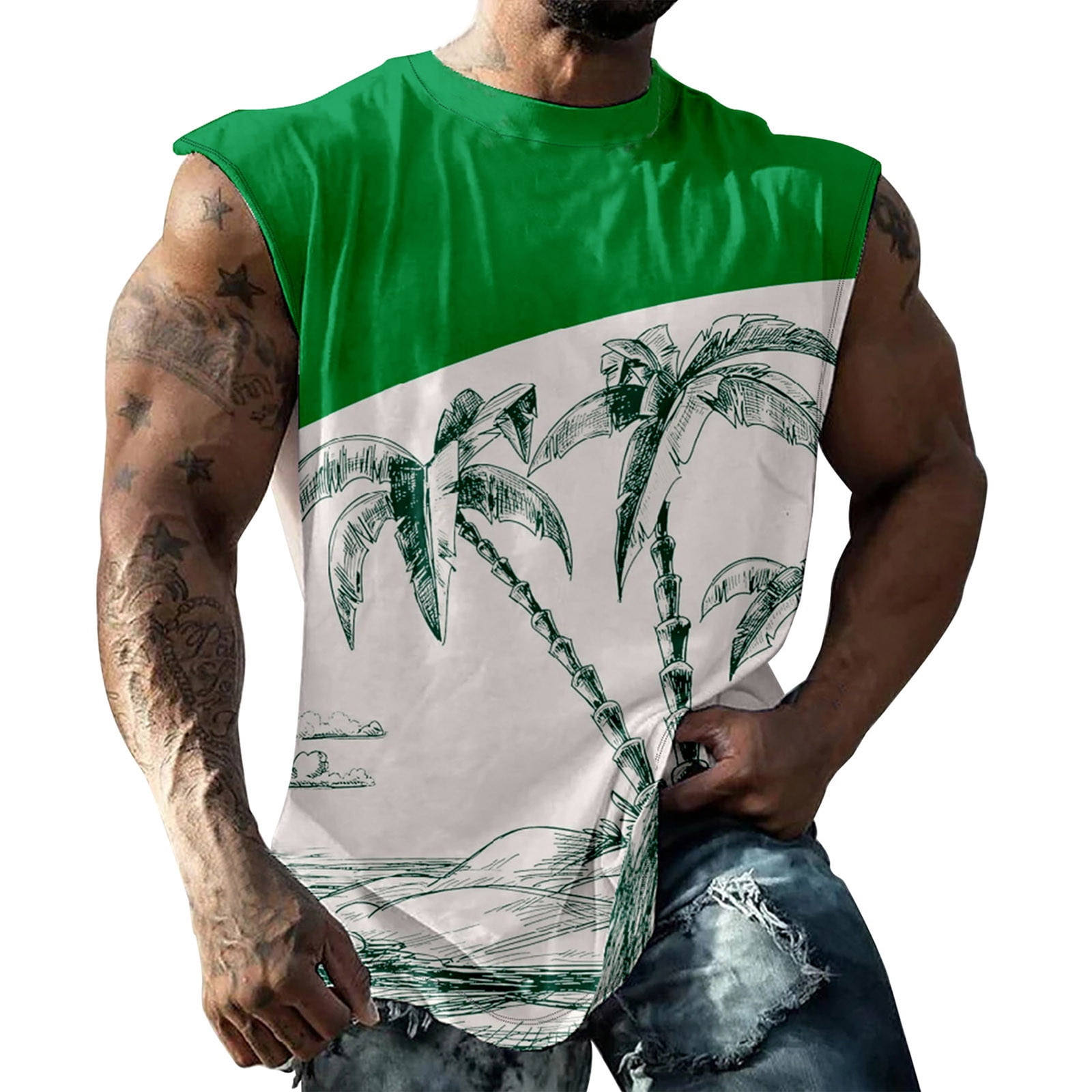 ZCFZJW Muscle Tank Tops for Men Big and Tall Regular Fit Casual Sleeveless Tropical Palm Tree ...