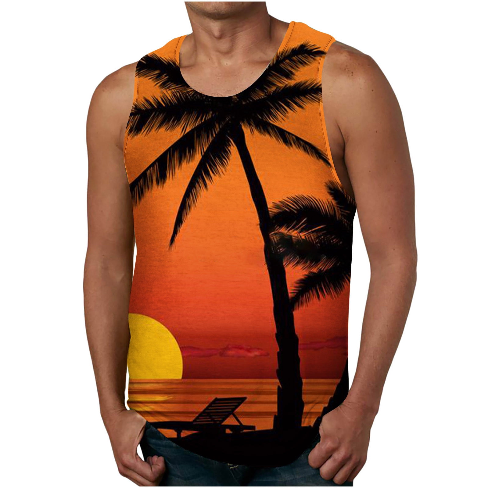 ZCFZJW Summer Tank Tops for Men Big and Tall Regular Fit Sleeveless Suunset Palm Tree Graphic ...