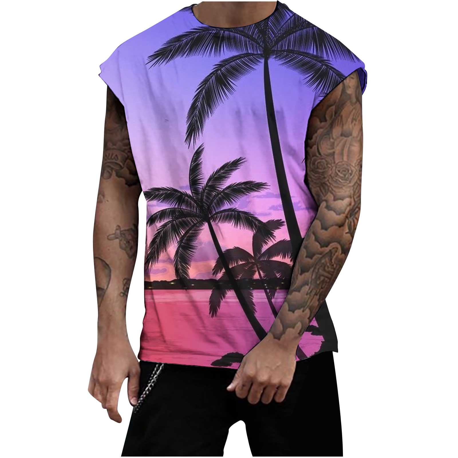 ZCFZJW Workout Tank Tops for Men Novelty 3D Tropical Palm Tree Print Summer Sleeveless Round ...
