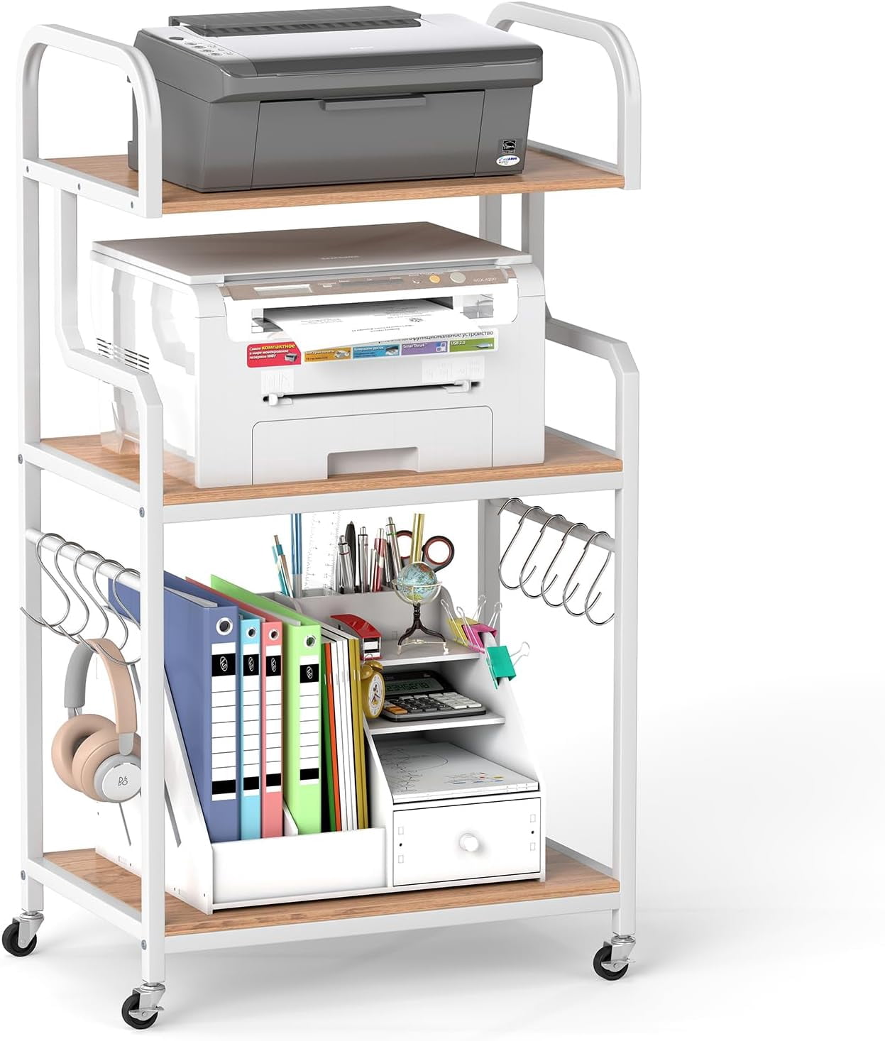 ZCXP 3-Tier Mobile Printer Stand with 10 S-Hooks, Rolling Storage Cart ...