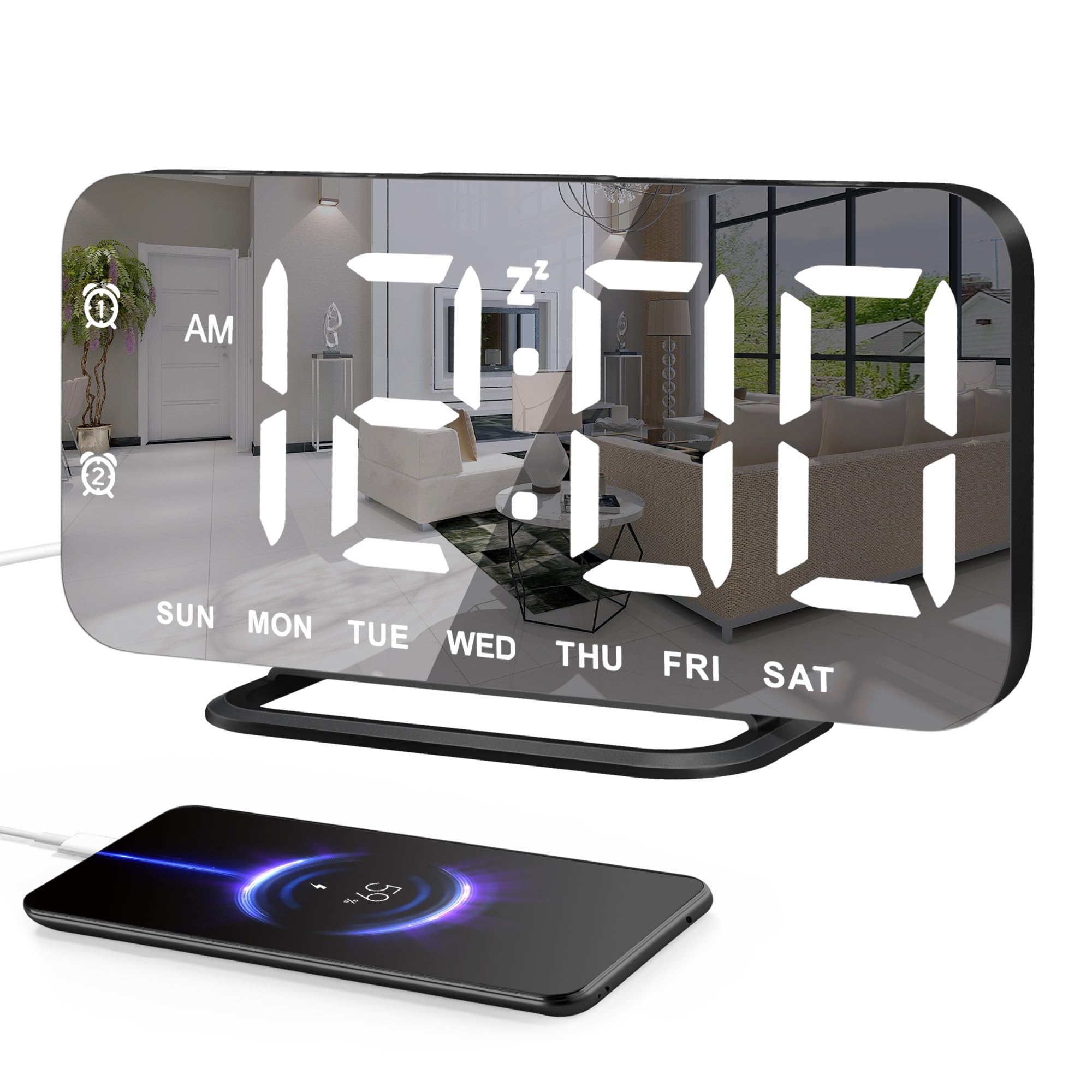 ZD LED Digital Alarm Clock, Mirror Surface for Makeup, with Diming ...