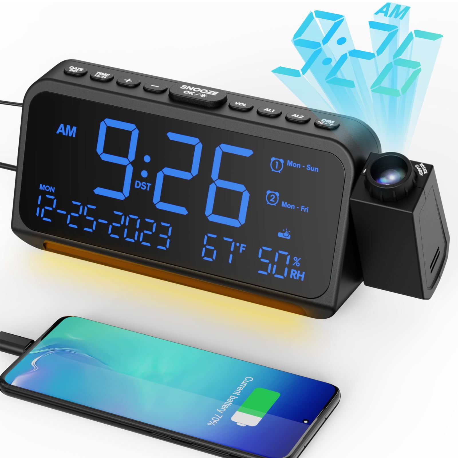 ZD Projection Alarm Clock for Bedroom Ceiling, Digital Clock Projector ...