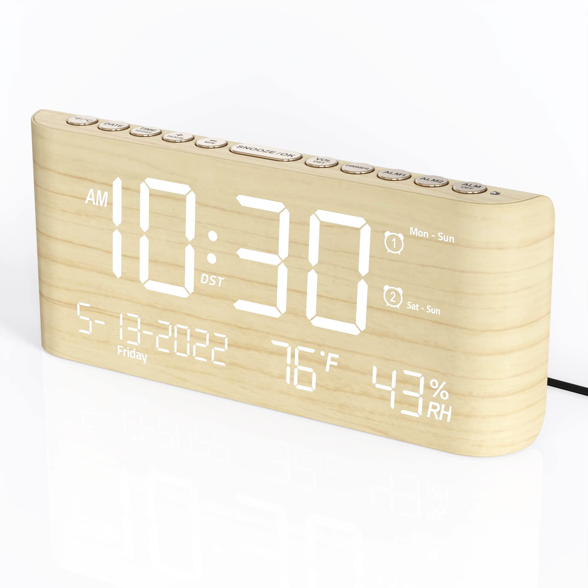 ZD Wooden Alarm Clock with Dual Alarm,Weekday/Weekend Mode,Adjustable ...