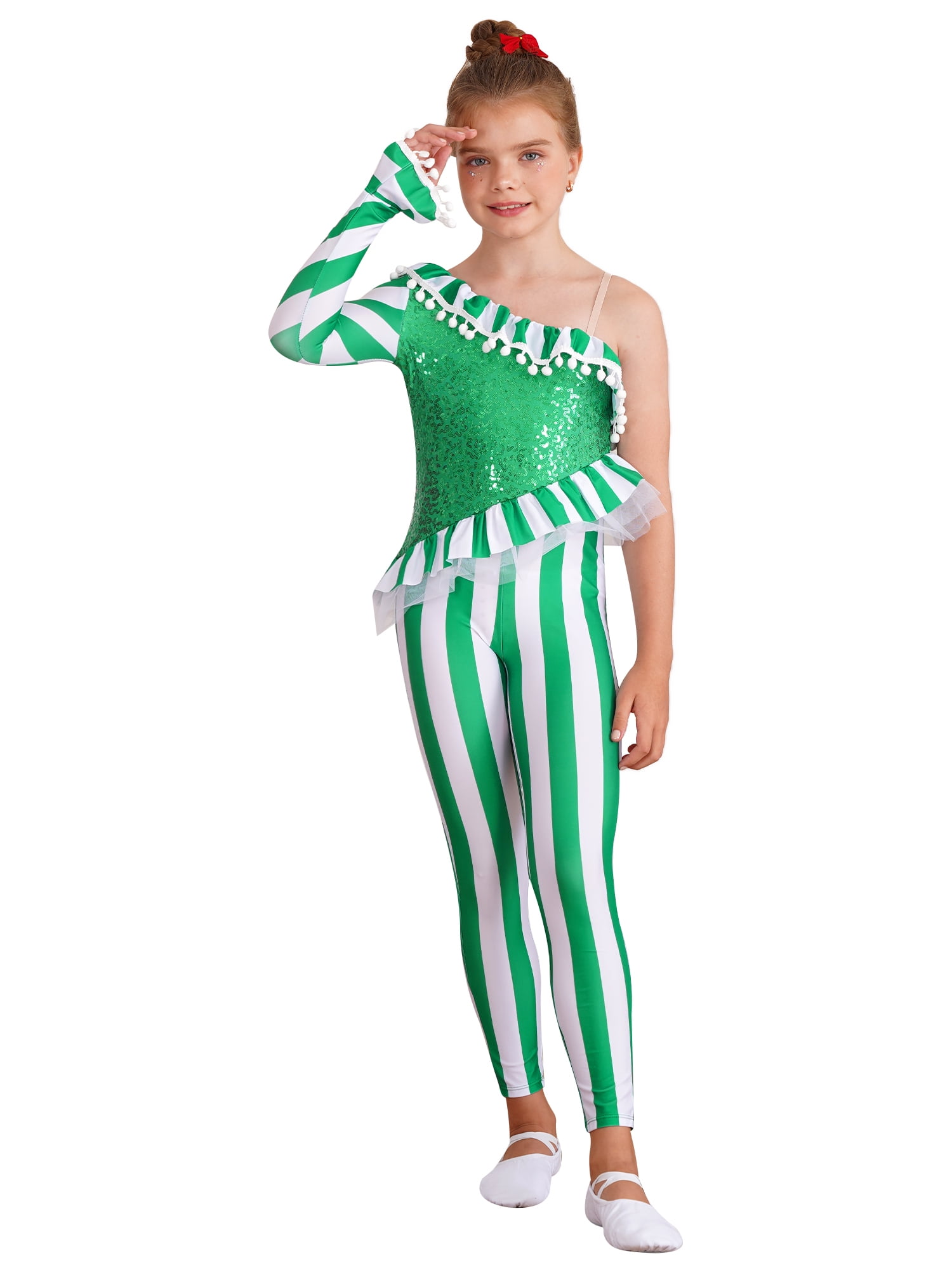 ZDHoor Girls Christmas Candy Cane Striped Sequins Dance Unitard ...