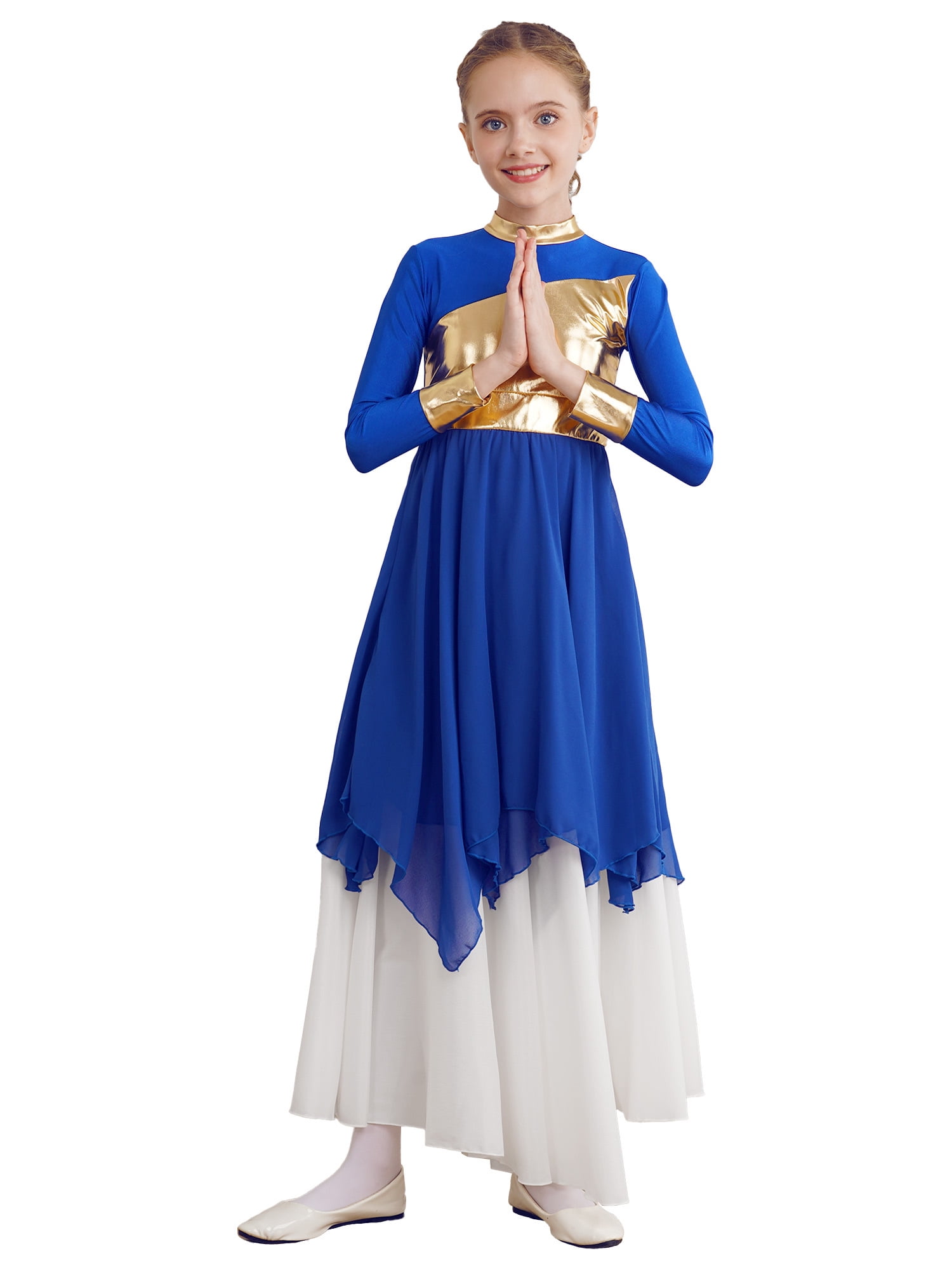 ZDHoor Girls Gold Metallic Long Sleeve Liturgical Praise Dance Dress ...