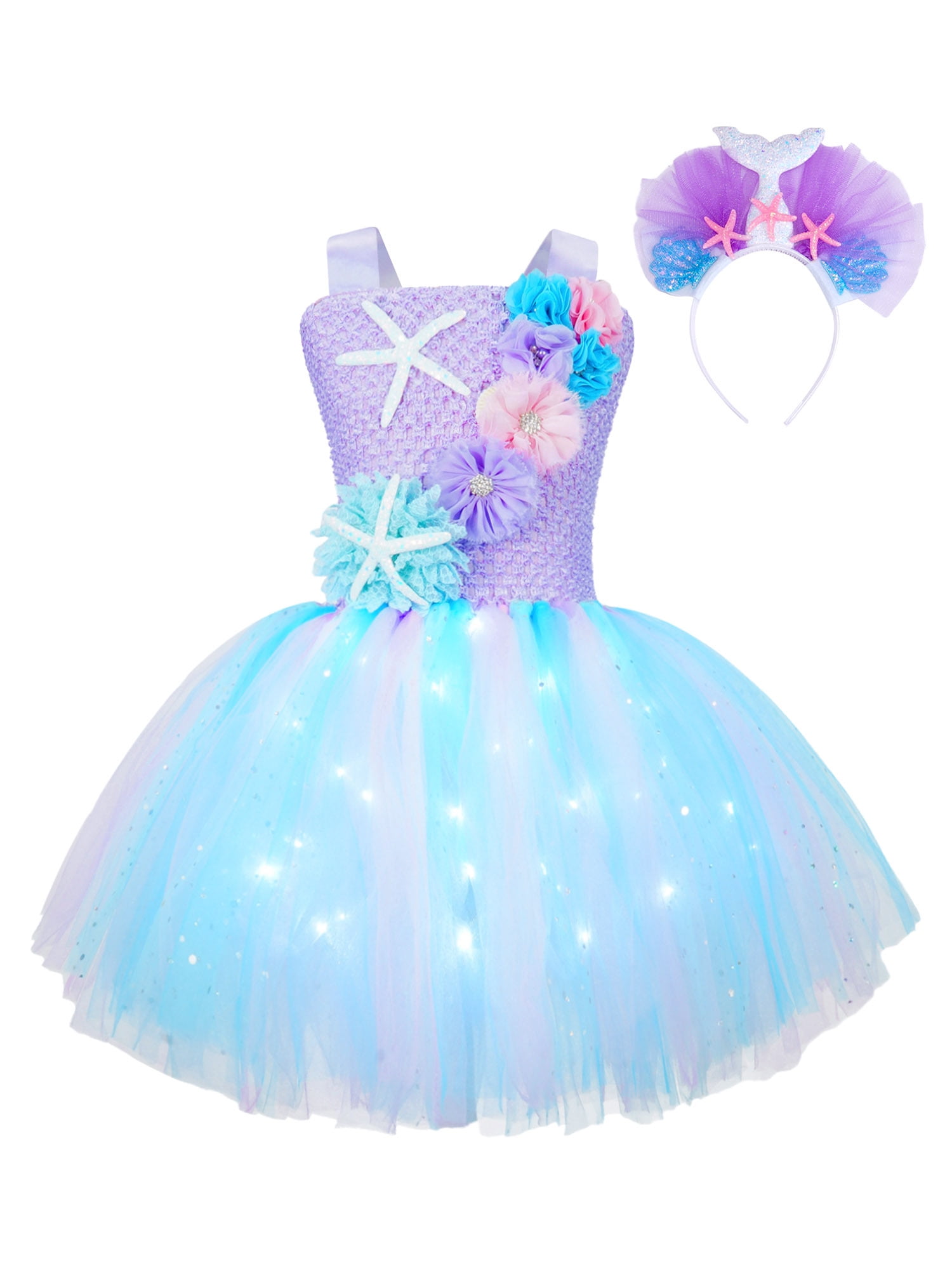 ZDHoor Girls Mermaid Princess Dress Costume LED Light Up Birthday Party ...