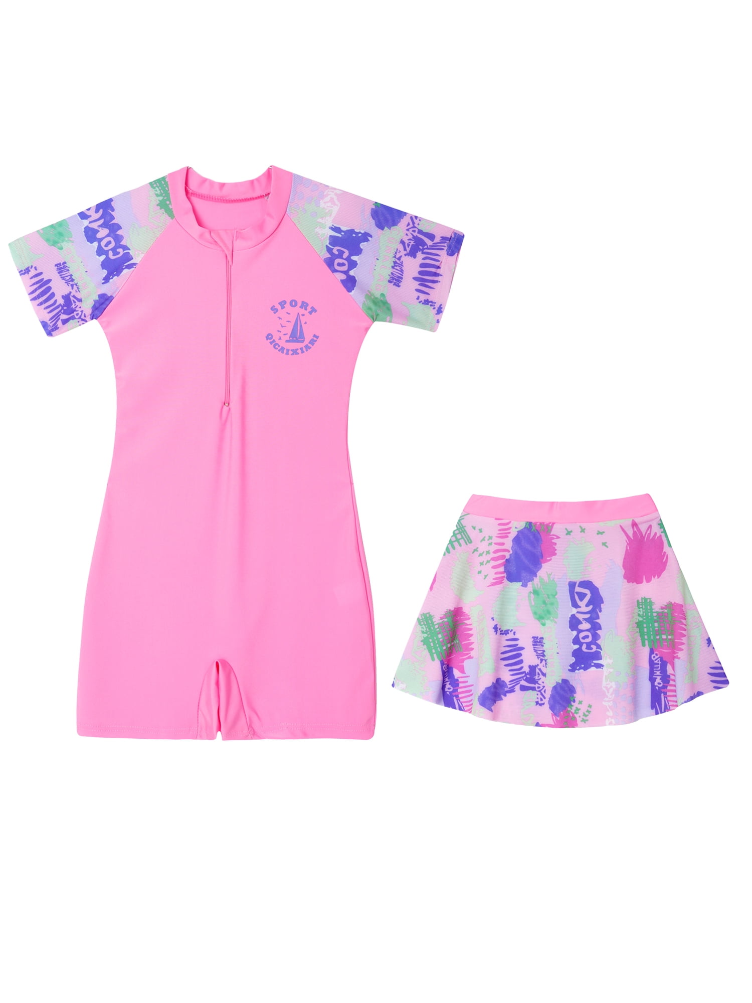 ZDHoor Girls One Piece Swimming Costume Short Sleeves Rash Guard ...