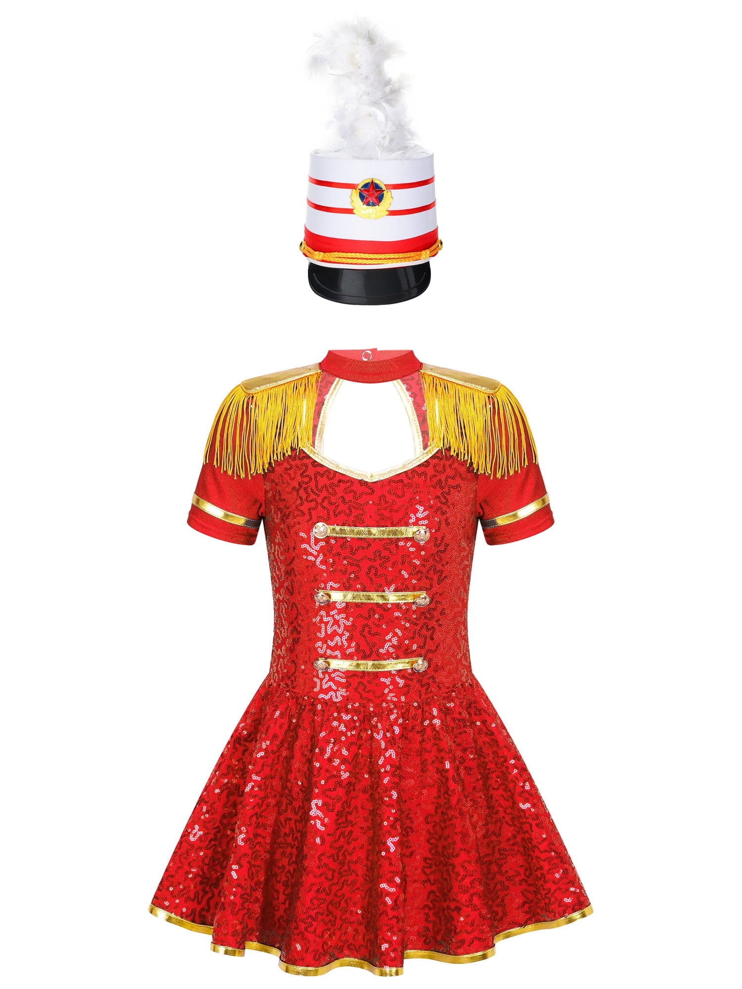 ZDHoor Girls Sequins Majorette Costume Mock Tassel Cap A Line Uniform ...