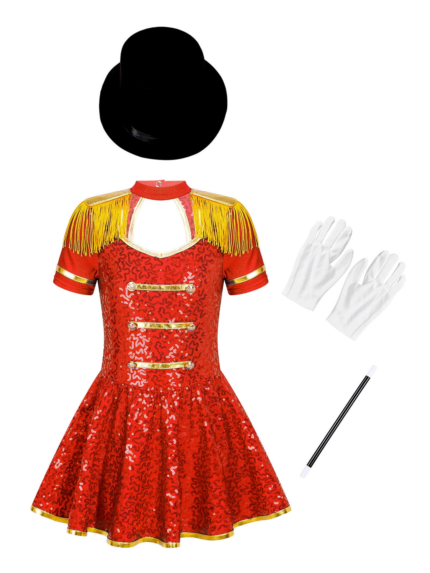 ZDHoor Girls Sequins Majorette Costume Mock Tassel Cap A Line Uniform ...