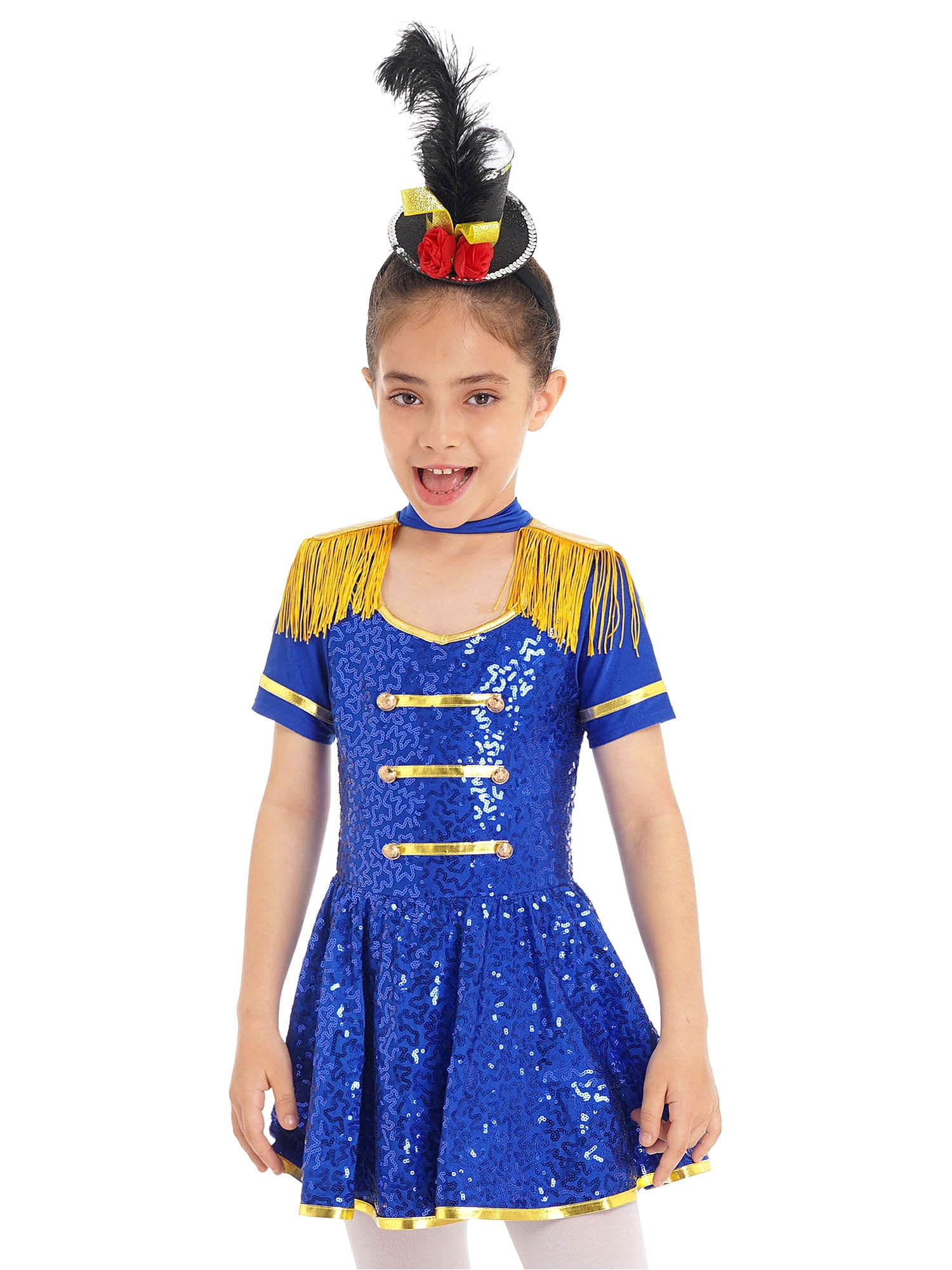 ZDHoor Girls Sequins Majorette Costume Mock Tassel Cap A Line Uniform ...
