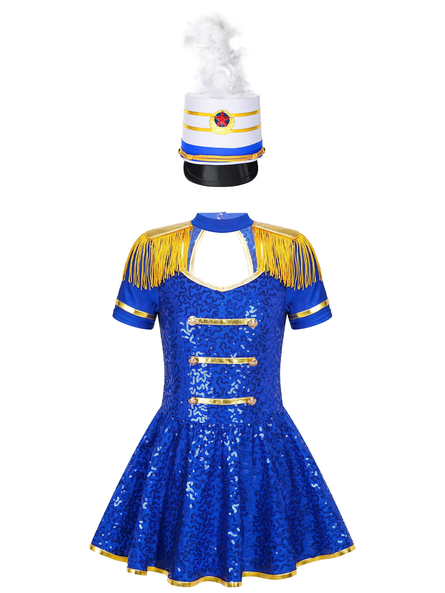 ZDHoor Girls Sequins Majorette Costume Mock Tassel Cap A Line Uniform ...
