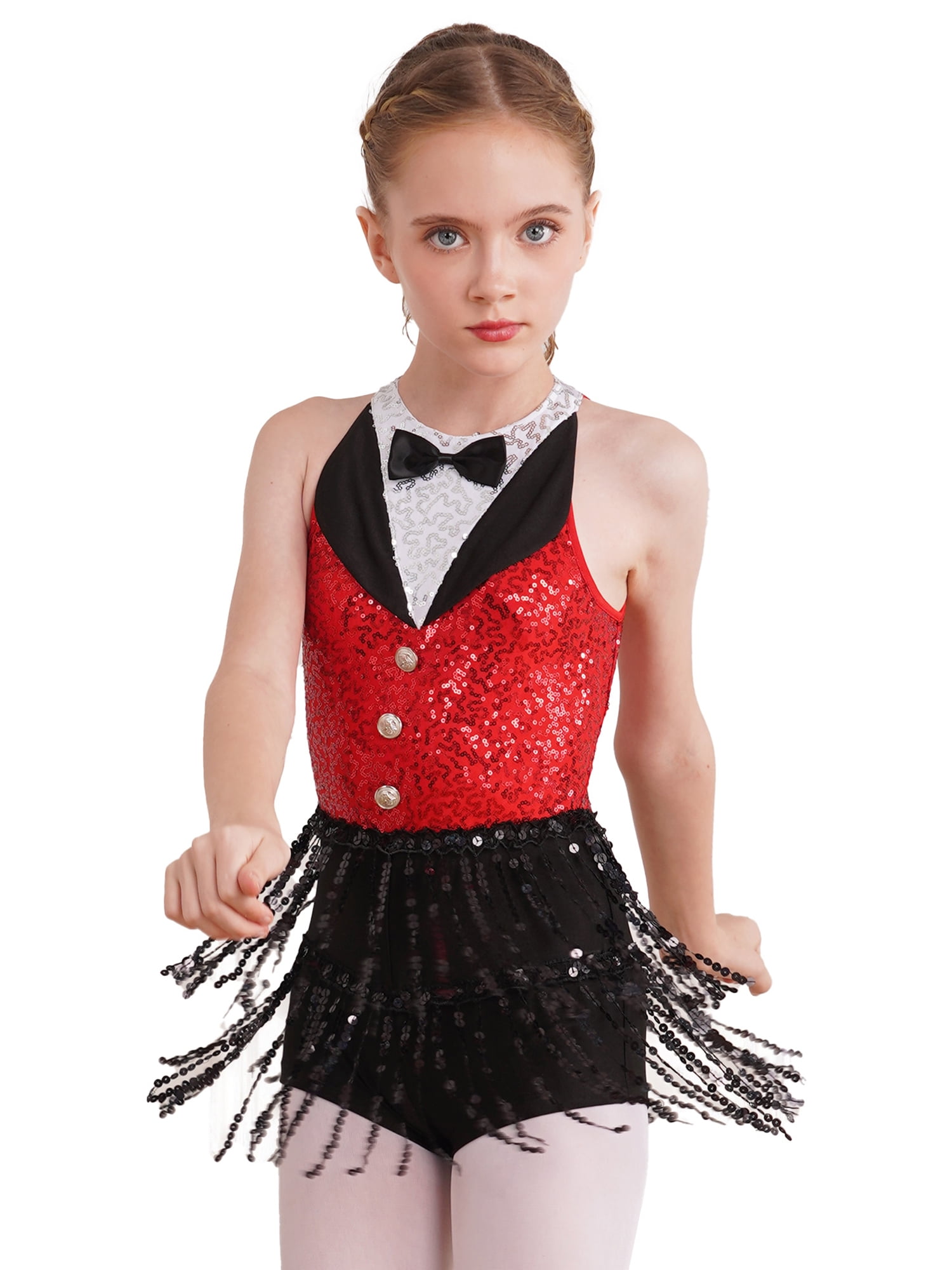 ZDHoor Girls Sparkly Sequins Tassel Latin Dance Dress Leotard Modern ...