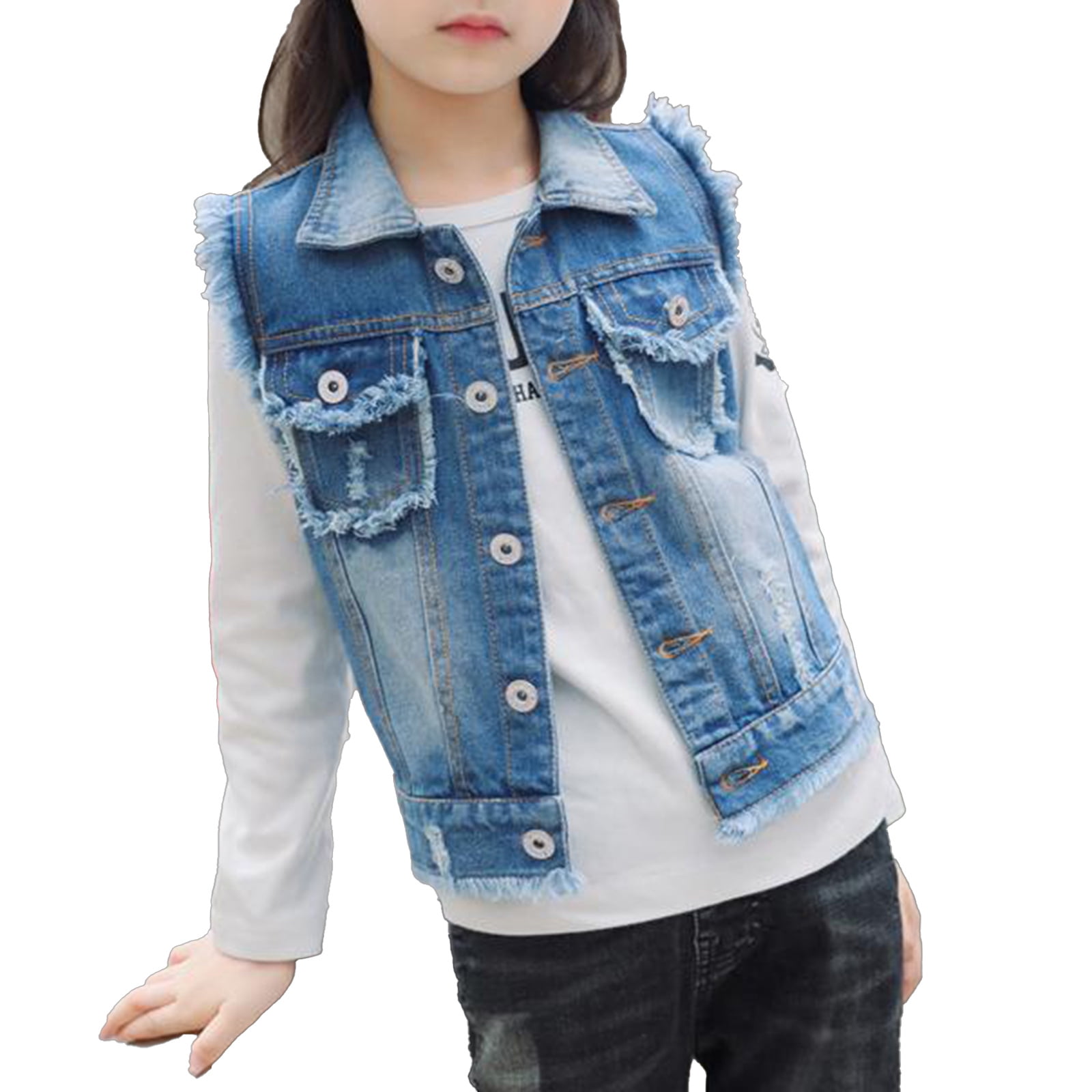 ZDHoor Girls Vintage Ripped Button-Down Denim Vest Cowgirls Casual ...