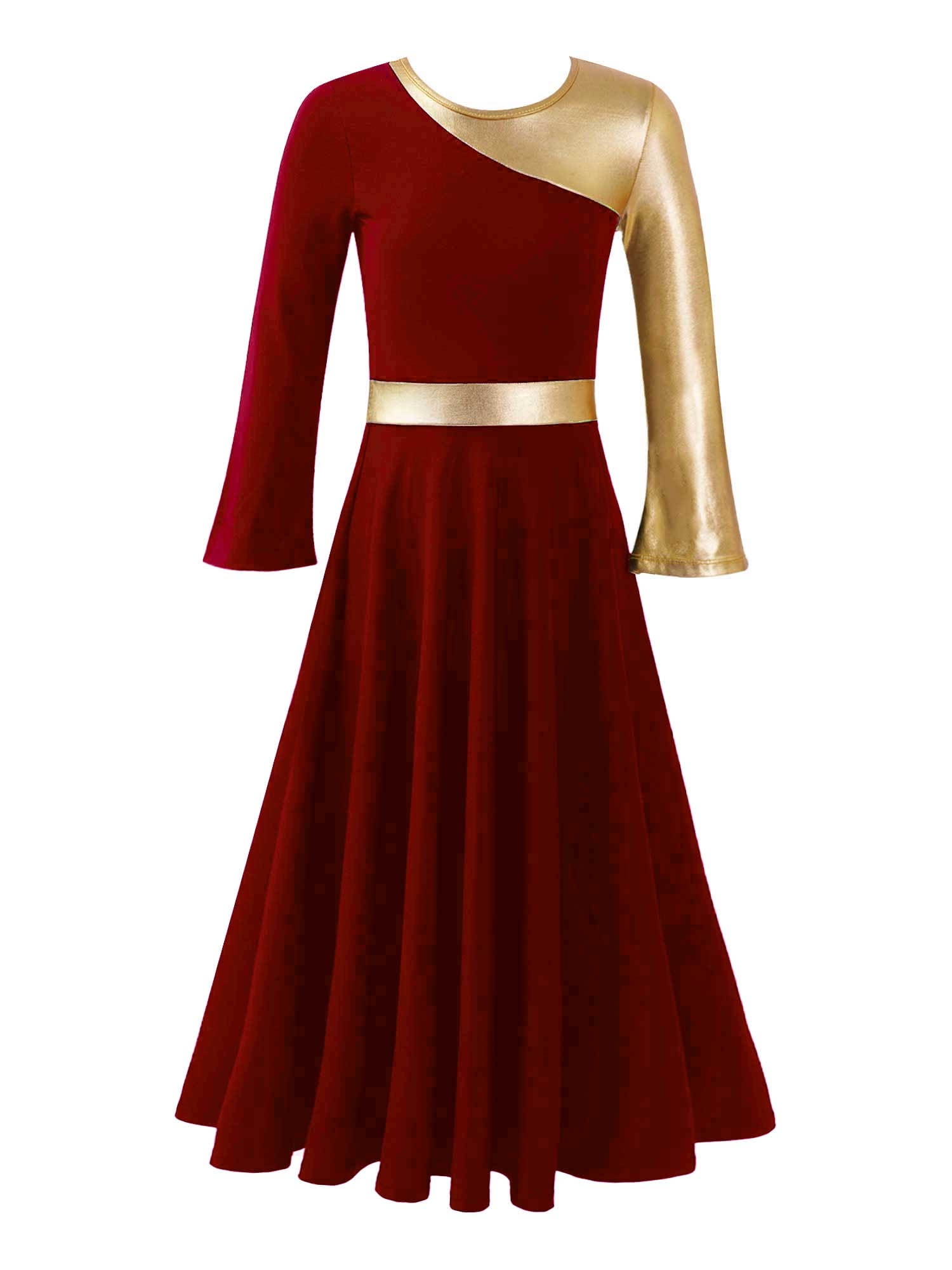 ZDHoor Kids Girls Gold Color Block Praise Dance Dress Church Loose ...