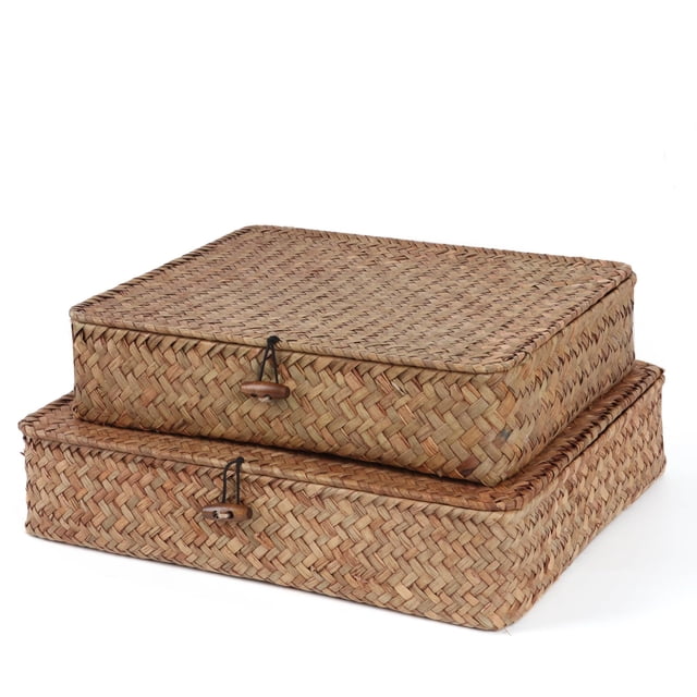 ZDM Flat Wicker Shelf Baskets with Lid, Handwoven Seagrass Basket Boxes ...
