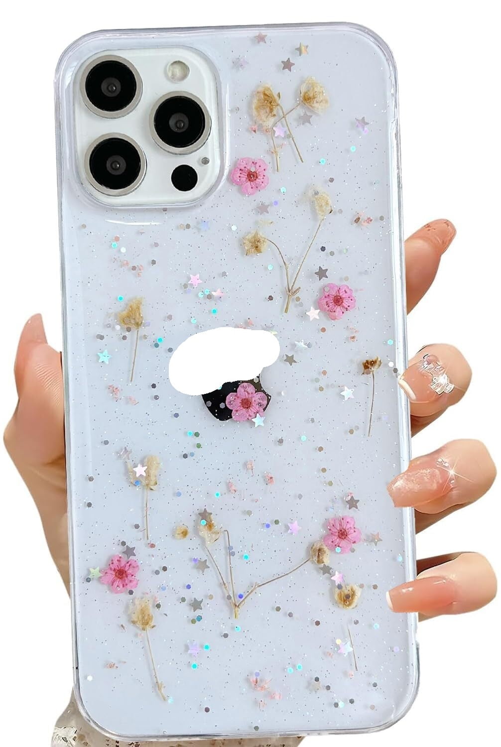 ZDM For iPhone 16 Pro Max Clear Case with Pressed Real Flowers Design,Glitter Cute White Floral ...