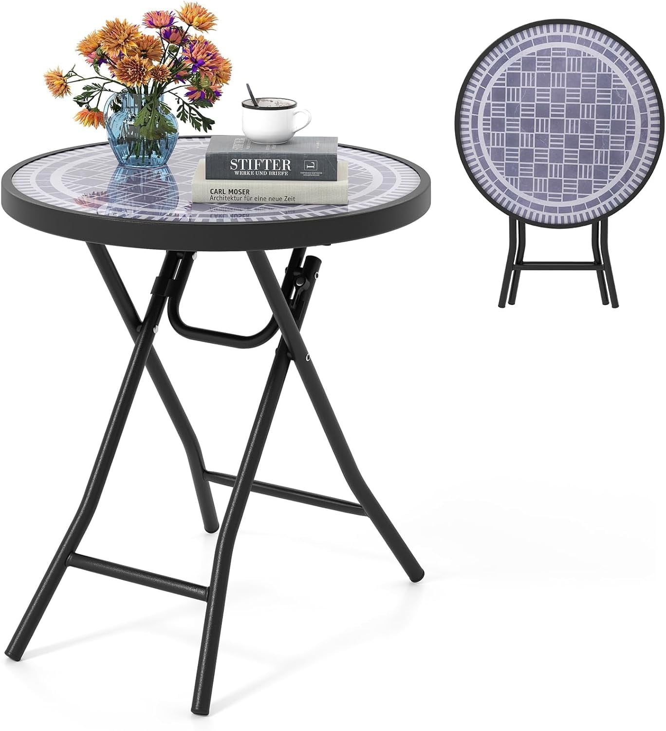 ZDOOR 18” Folding Outdoor Side Table with Tempered Glass Tabletop ...