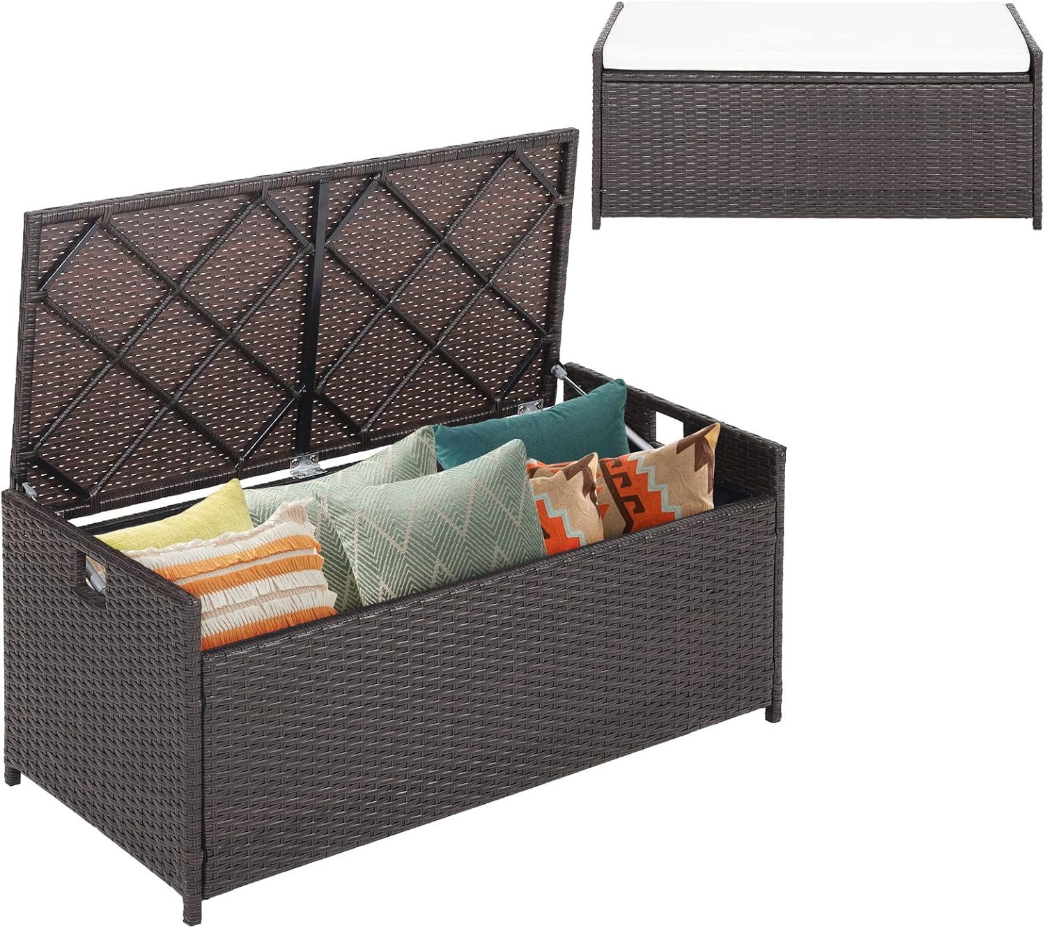 ZDOOR 34 Gallon Patio Storage Bench Deck Box, 3-in-1 Rattan Wicker ...