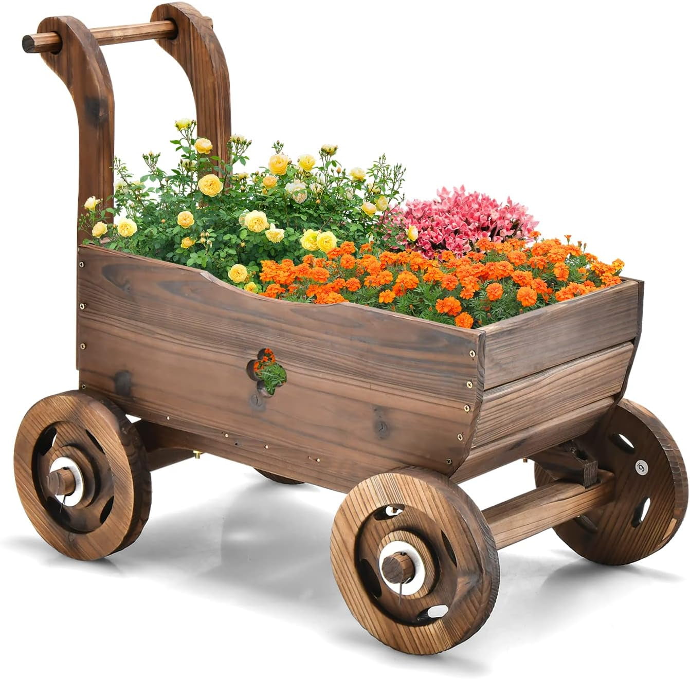 ZDOOR Wagon Flower Planter Cart, 4-Wheel Wood Garden Wagon Decor with 2 ...