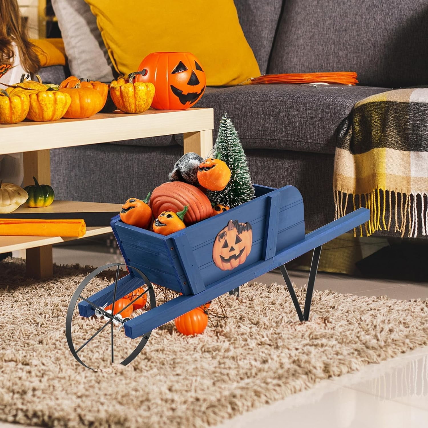 ZDOOR Wheelbarrow Wagon Plant, Small Solid Pine Wood Flower Pot with ...