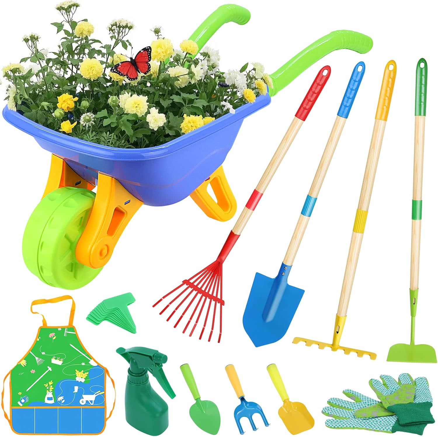 ZDP 11-Piece Kids Gardening Set with Wheelbarrow, Shovel, Rake, Hoe, Gloves & Apron - Heavy-Duty ...