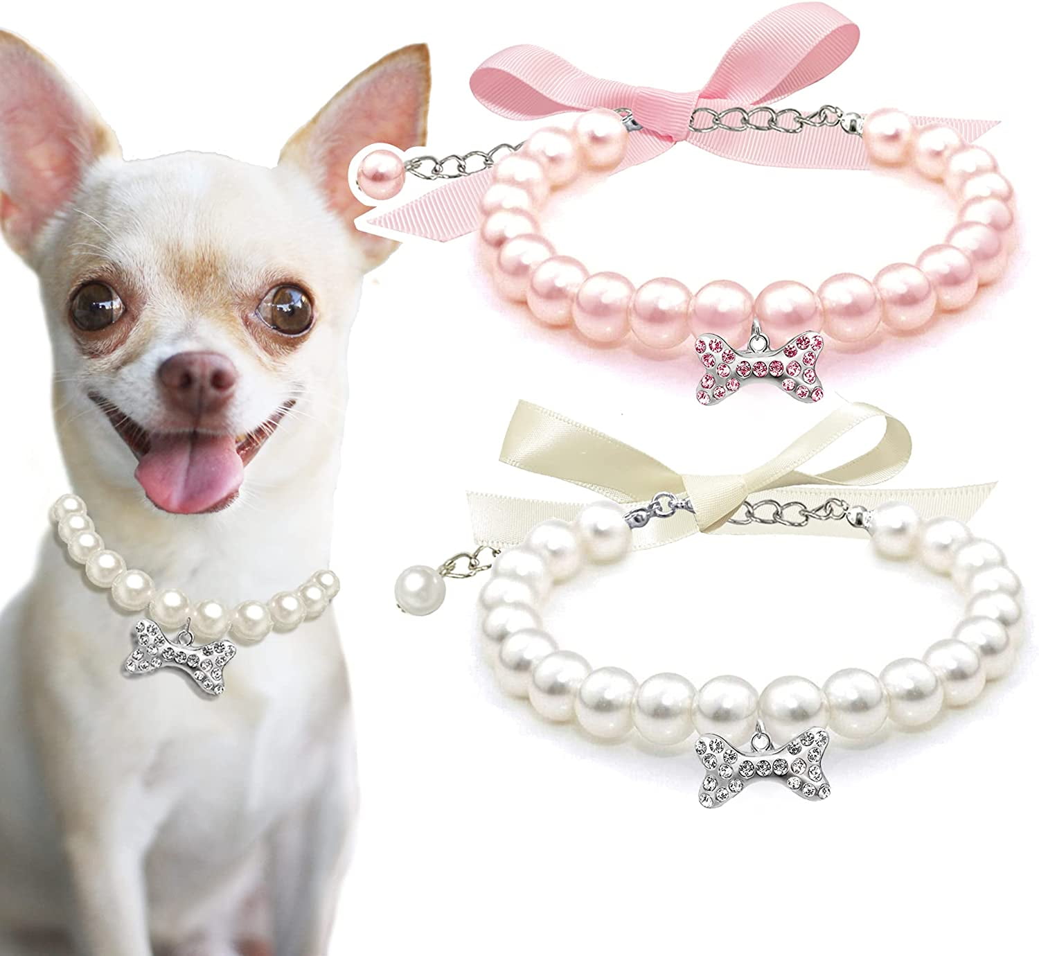 ZDWQFA 2Pcs Dog Cat Pearl Collar Necklace with Rhinestone Bone, Fancy ...