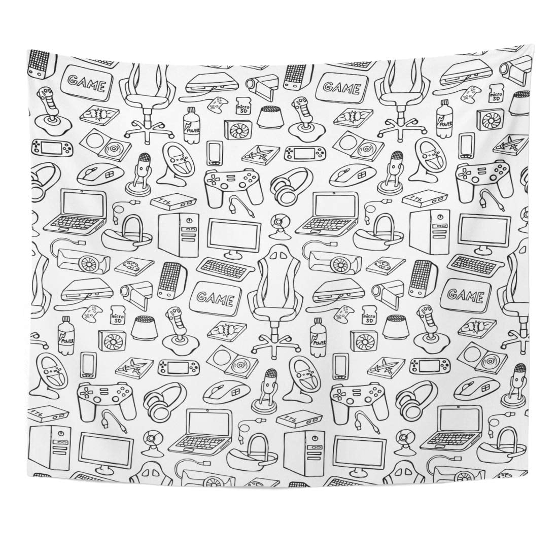 ZEALGNED Technology Black Game Gamer with Doodle on White Gadgets Video ...