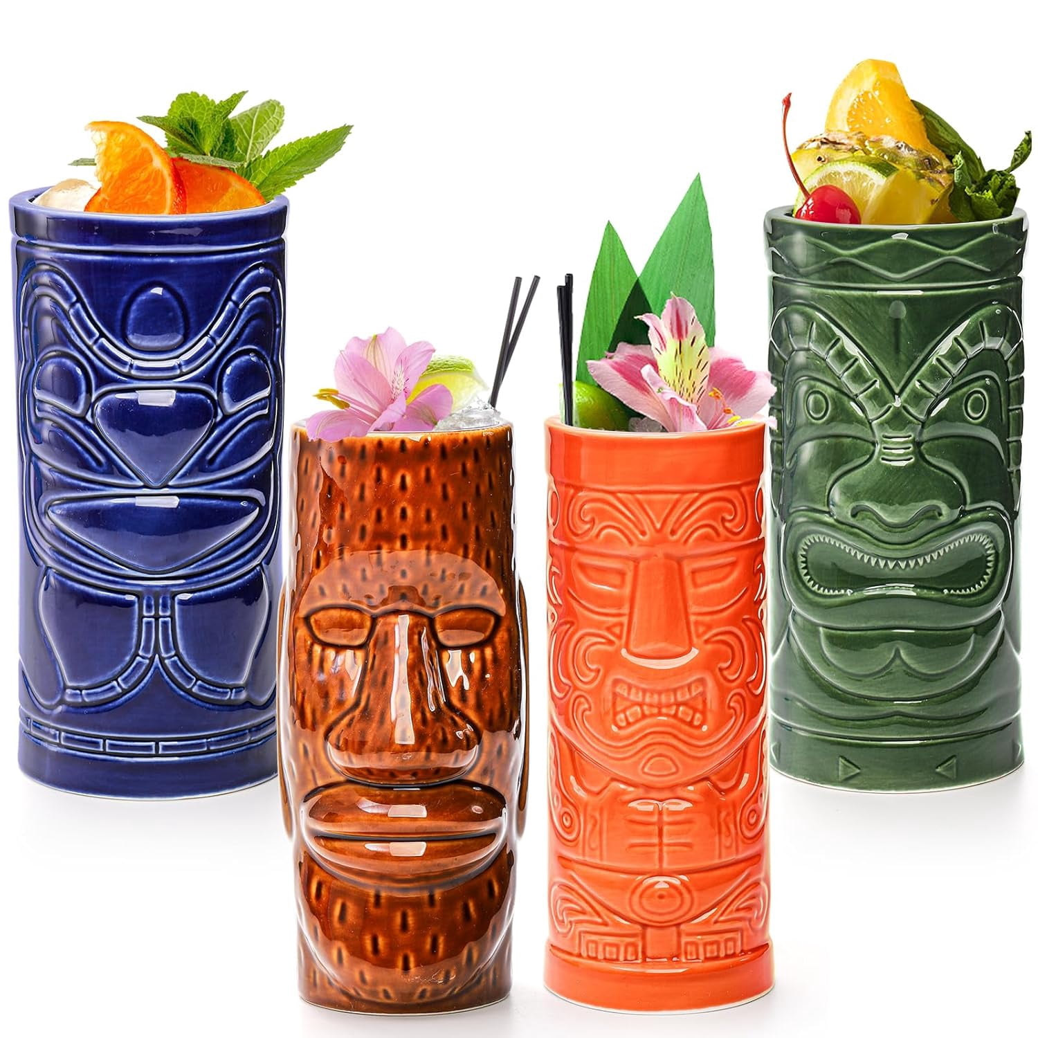 ZEAYEA Set of 4 Tiki Mugs Large Ceramic Hawaiian Party Mugs for ...