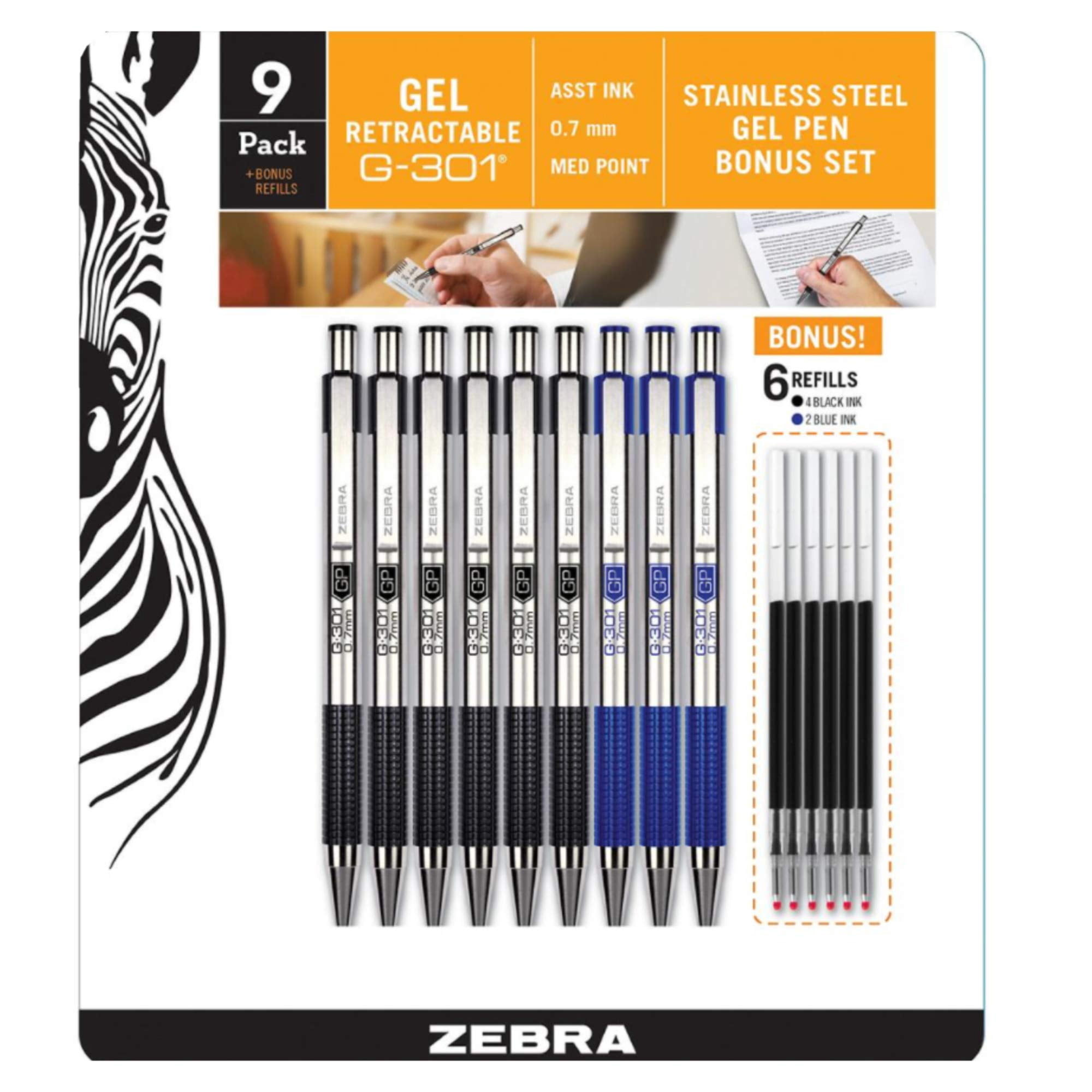 ZEBRA G-301 Gel Stainless Steel 9 Pack w/ 6 Refill Cartridges - Walmart.com