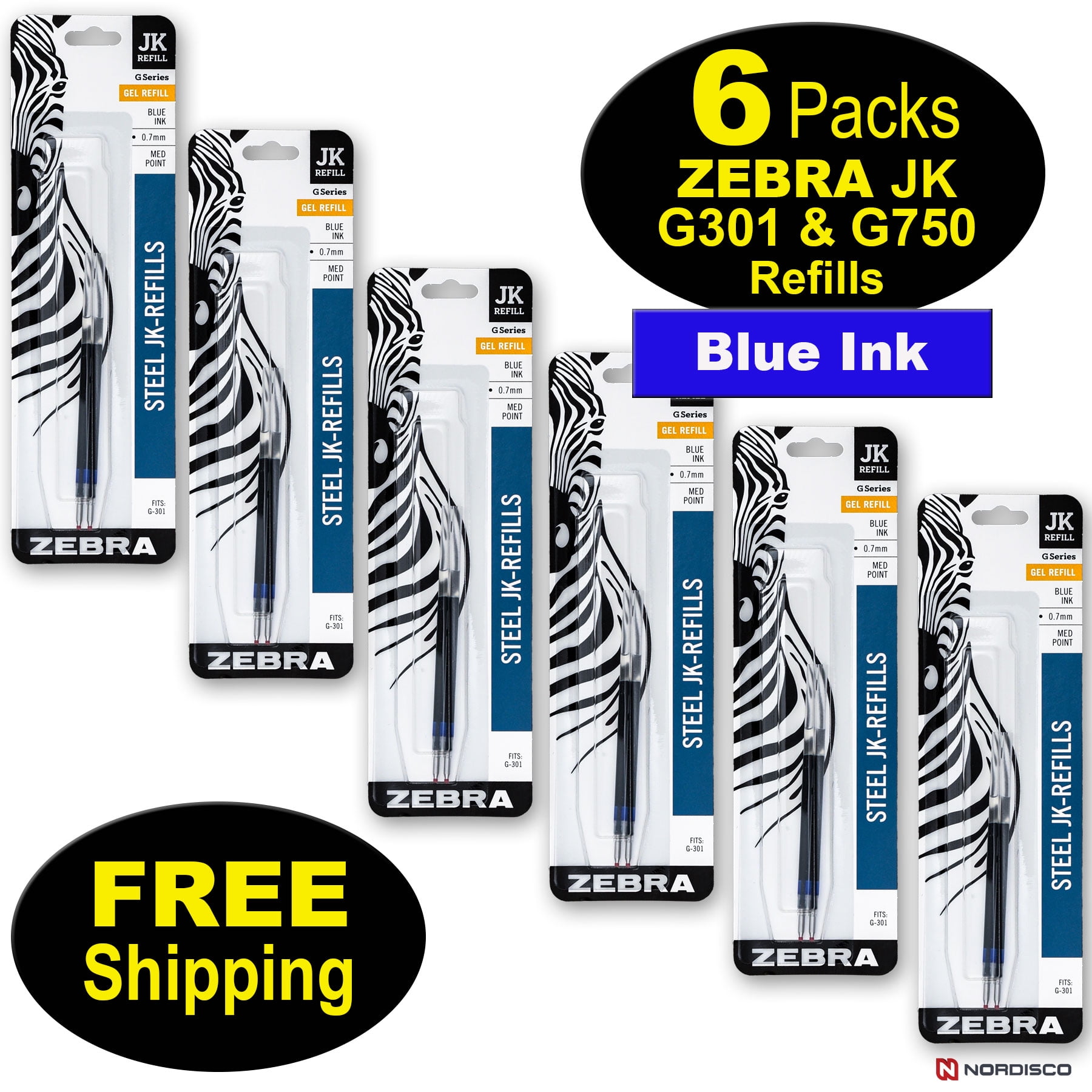 ZEBRA G301, G750 JK Refills 88122, Blue Gel Ink, 6 Packs, FREE Shipping ...