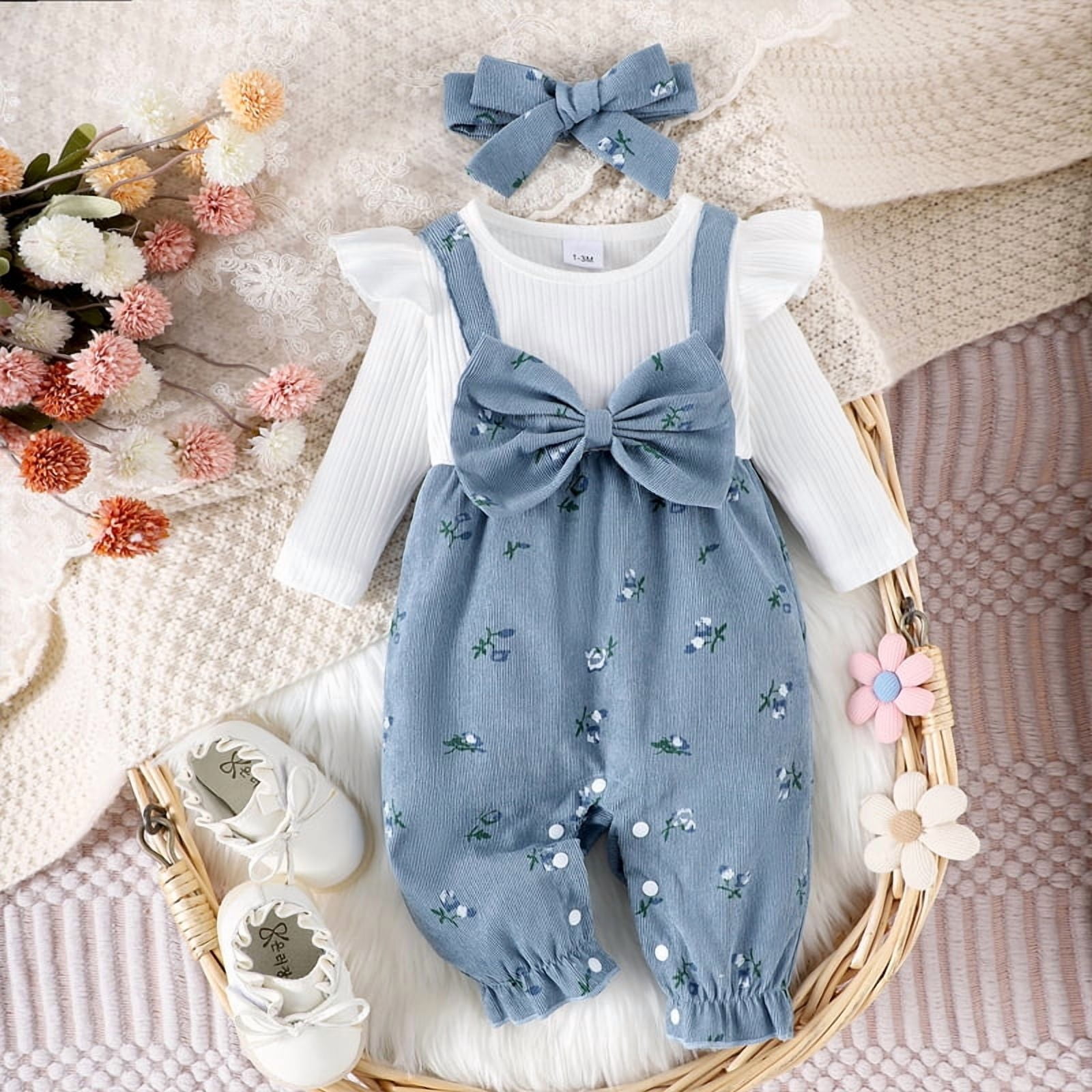 ZEHJUHAN Newborn Girl's Long Sleeve Bow Susender Set with Floral Print ...