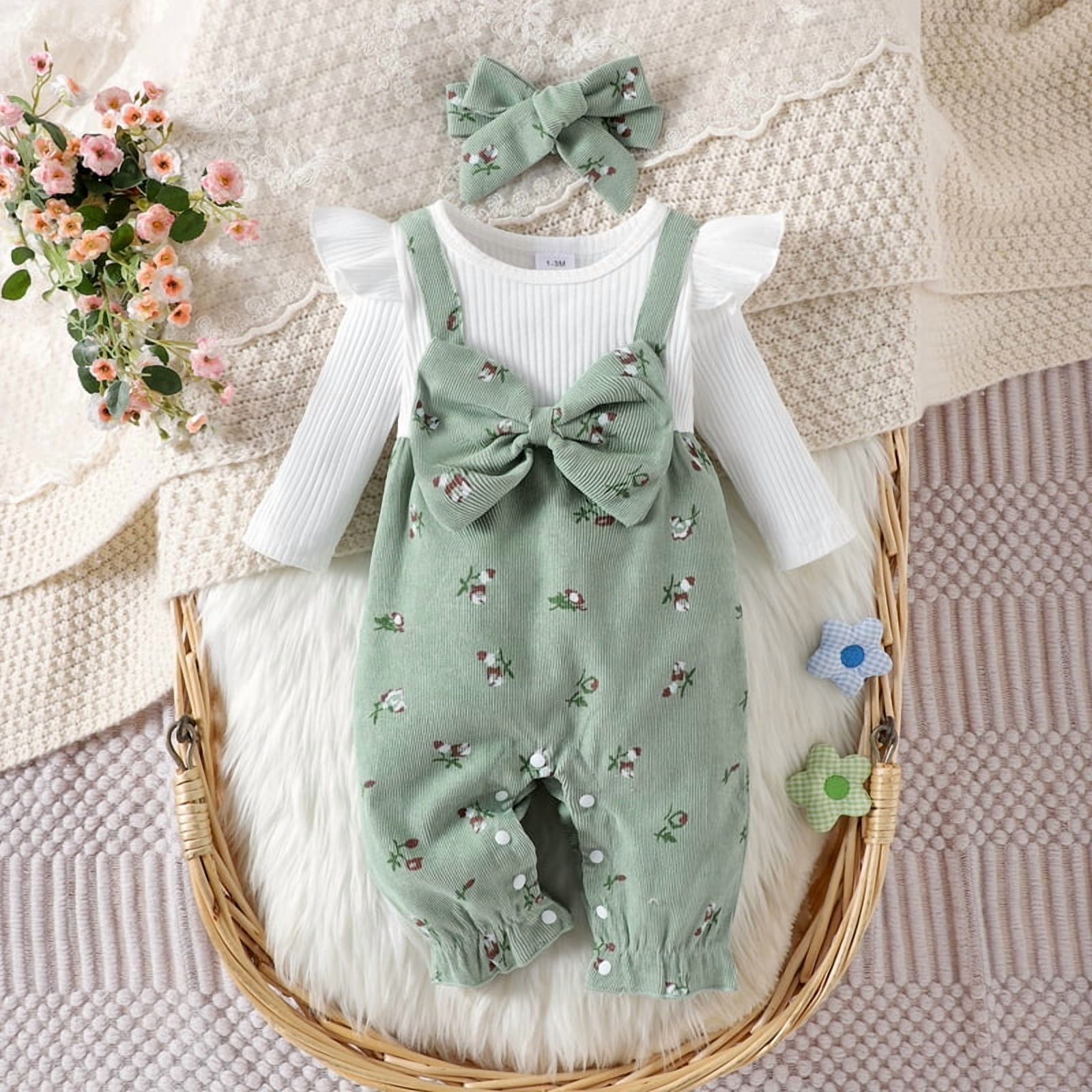 ZEHJUHAN Newborn Girl's Long Sleeve Bow Susender Set with Floral Print ...