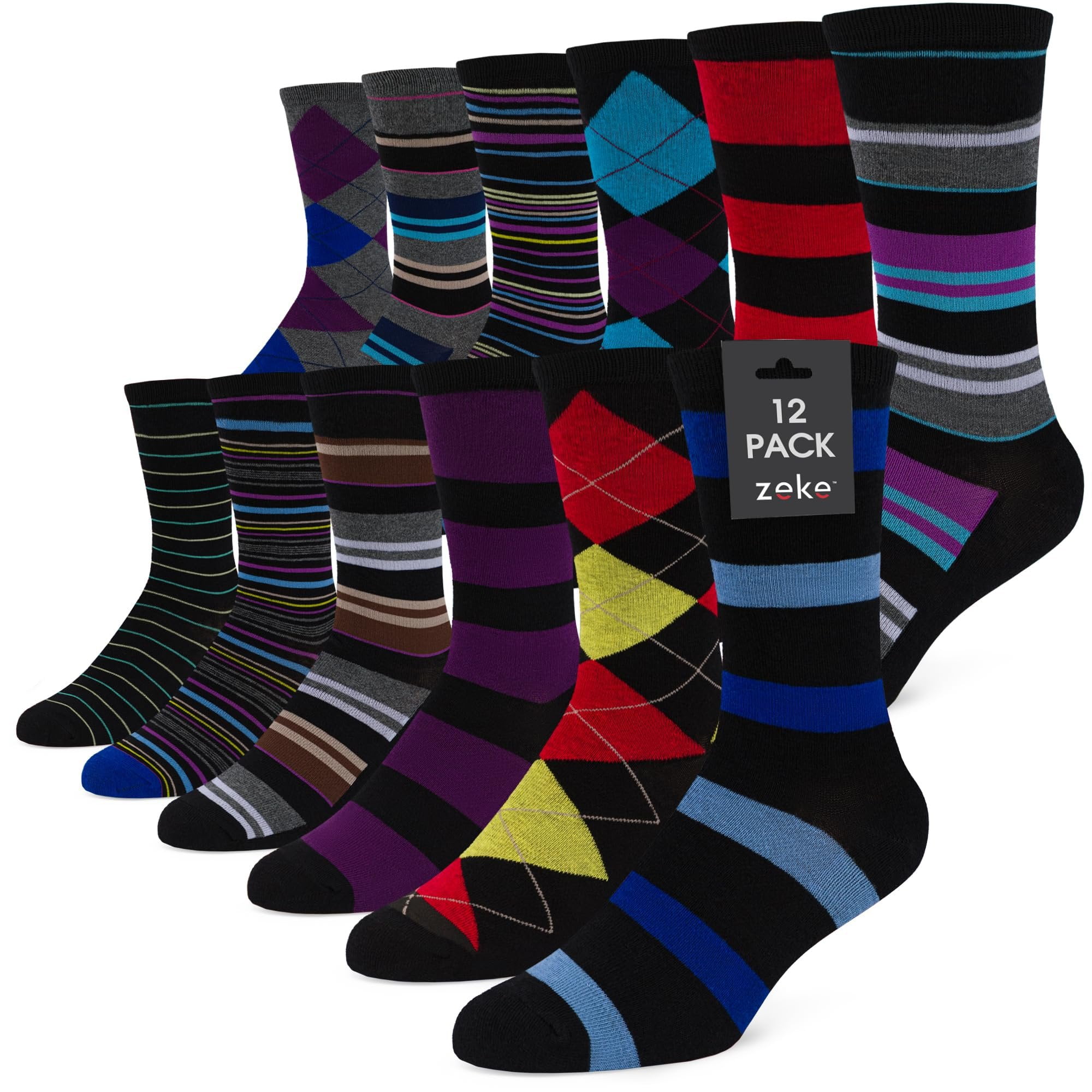 ZEKE Men's Pattern Dress Funky Fun Colorful Crew Socks 12 Assorted ...