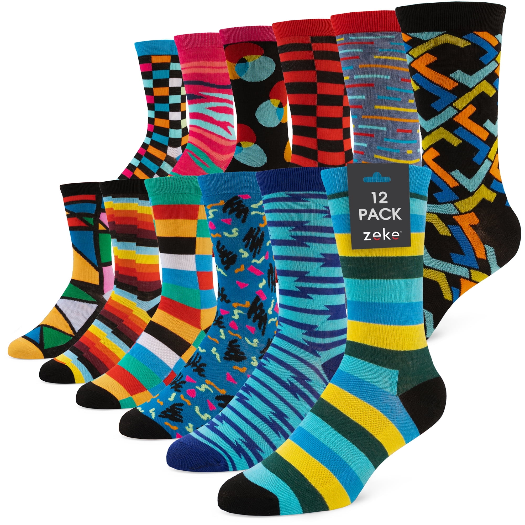 ZEKE Men's Pattern Dress Funky Fun Colorful Crew Socks 12 Assorted ...