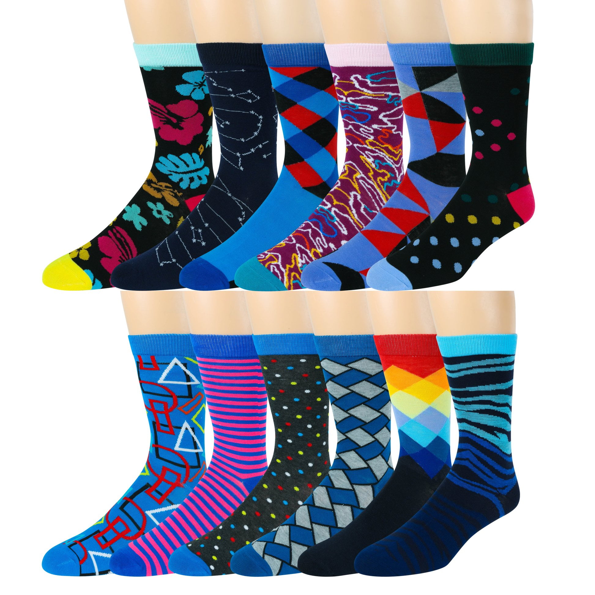 ZEKE Men's Pattern Dress Funky Fun Colorful Crew Socks 12 Assorted ...
