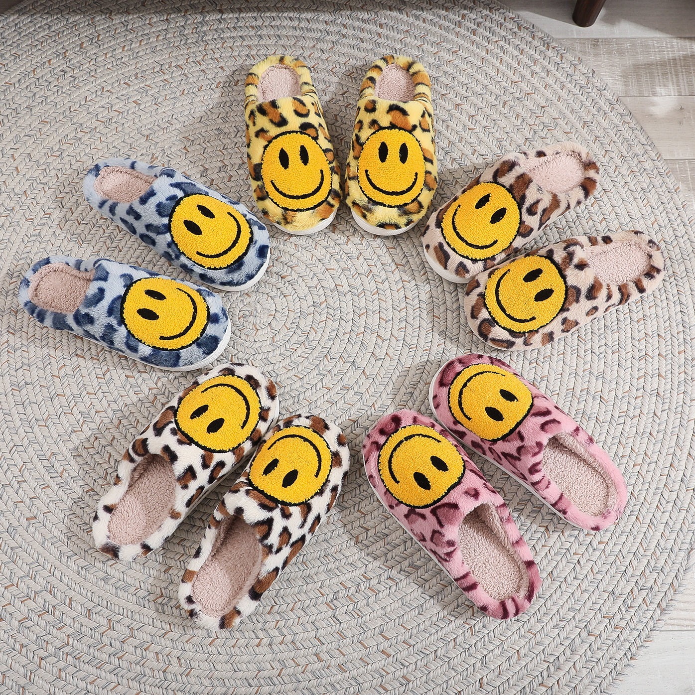 ZELAND Cozy Leopard Print Smiley Face Cotton Slippers for Couples ...