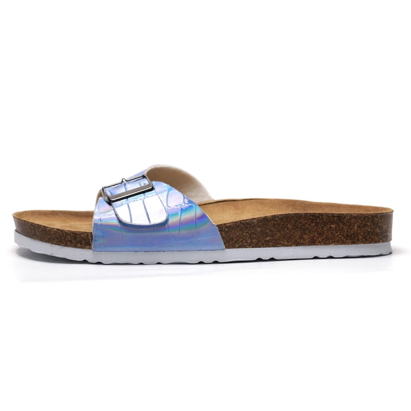 ZELAND Women's Iridescent Cork Sandals: Trendy Holographic Double ...