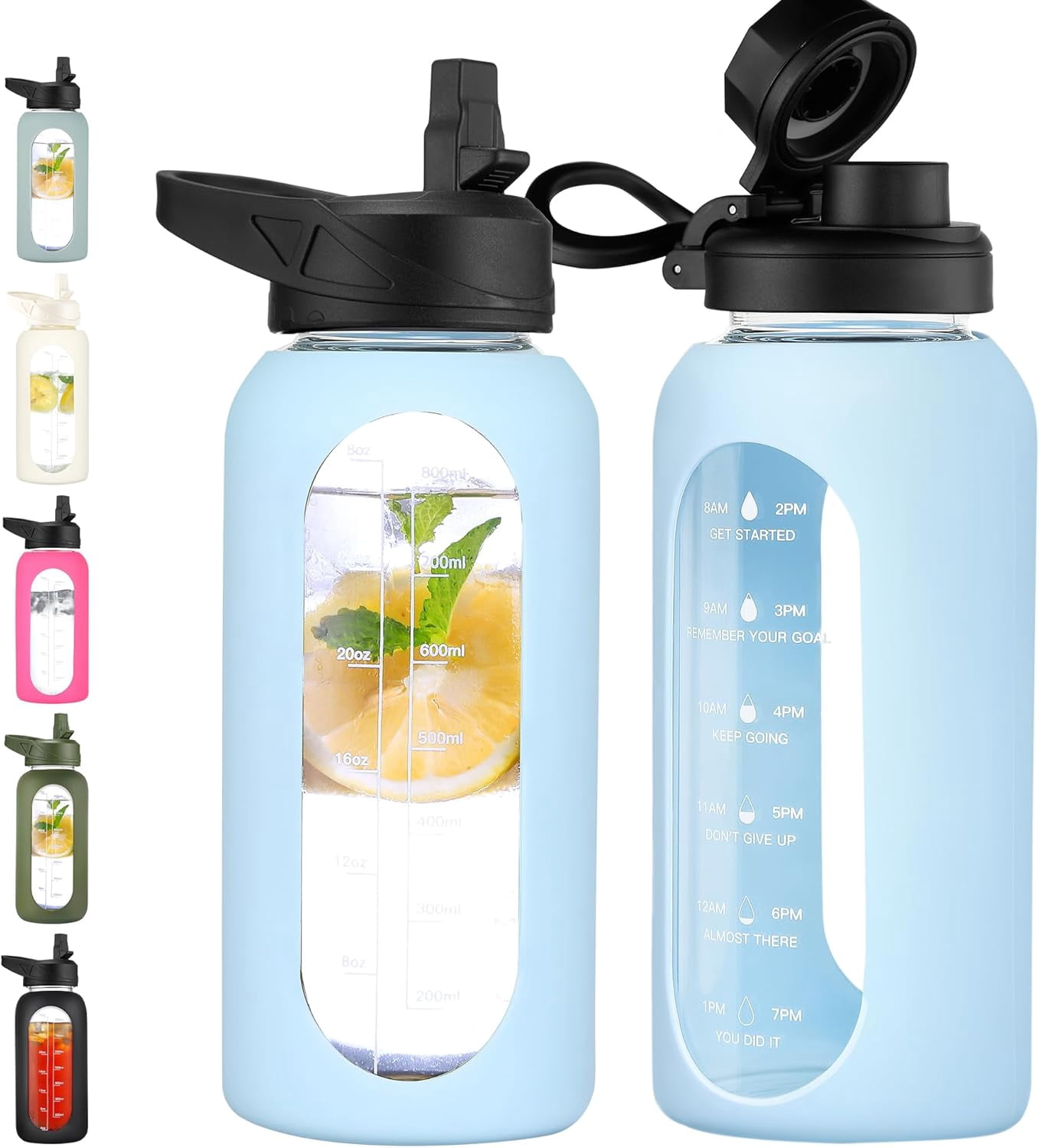 ZEN 32 oz Glass Water Bottle with Straw and Handle, Large Sports ...