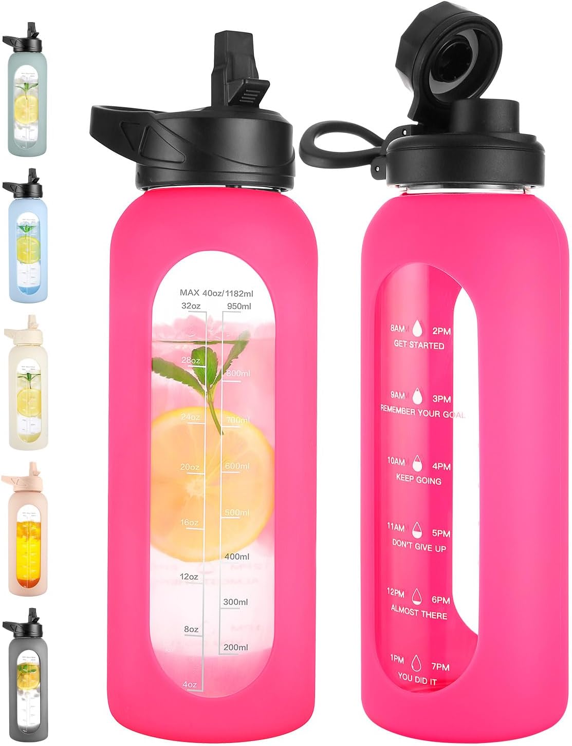 ZEN 40 oz Glass Water Bottle with Straw and Handle, Large Sports ...