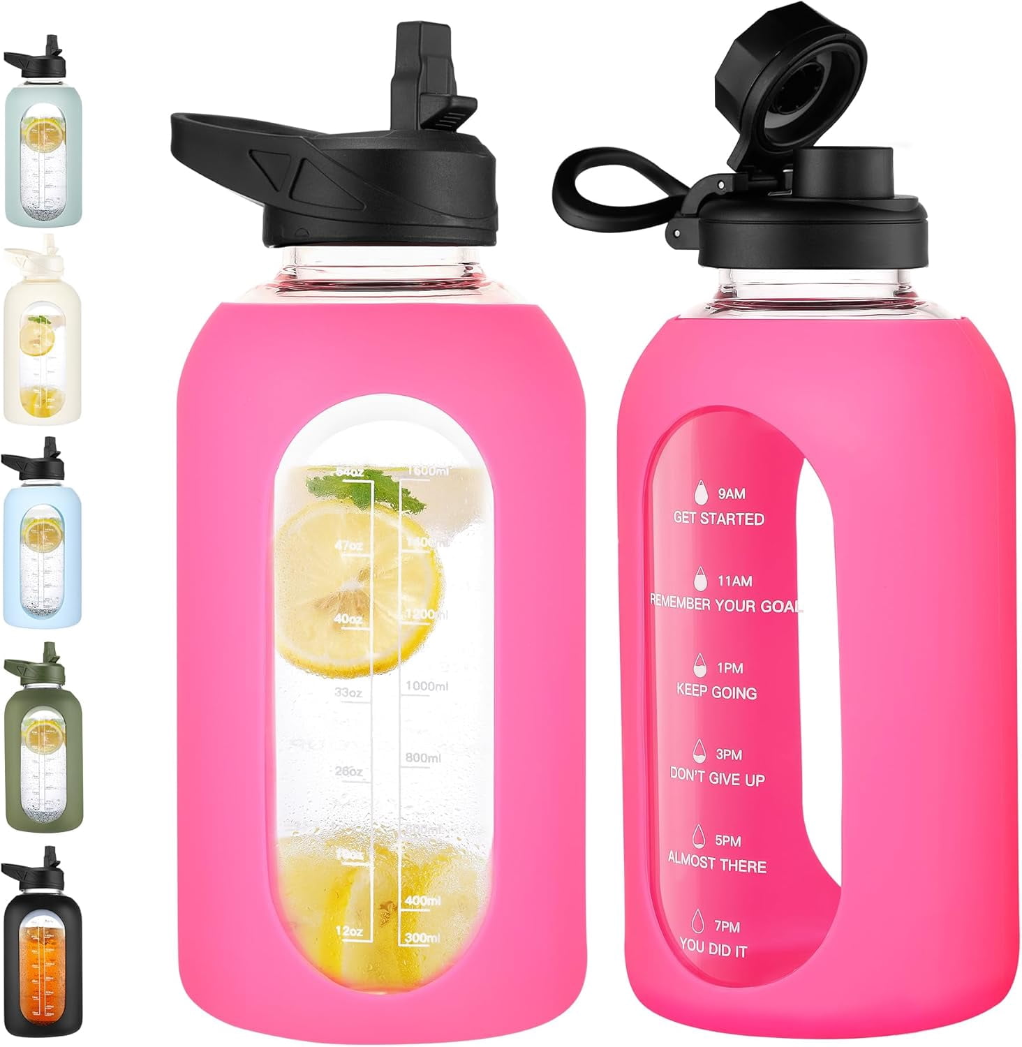ZEN 64 oz Glass Water Bottle Jug with Straw and Handle, Half Gallon ...
