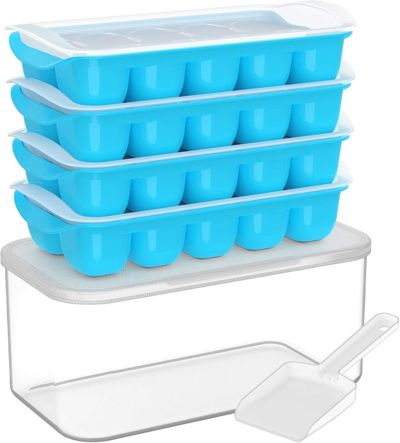 ZEN Ice Cube Tray with Lid and Bin - 4 Pack Ice Bucket Kits, Stackable ...