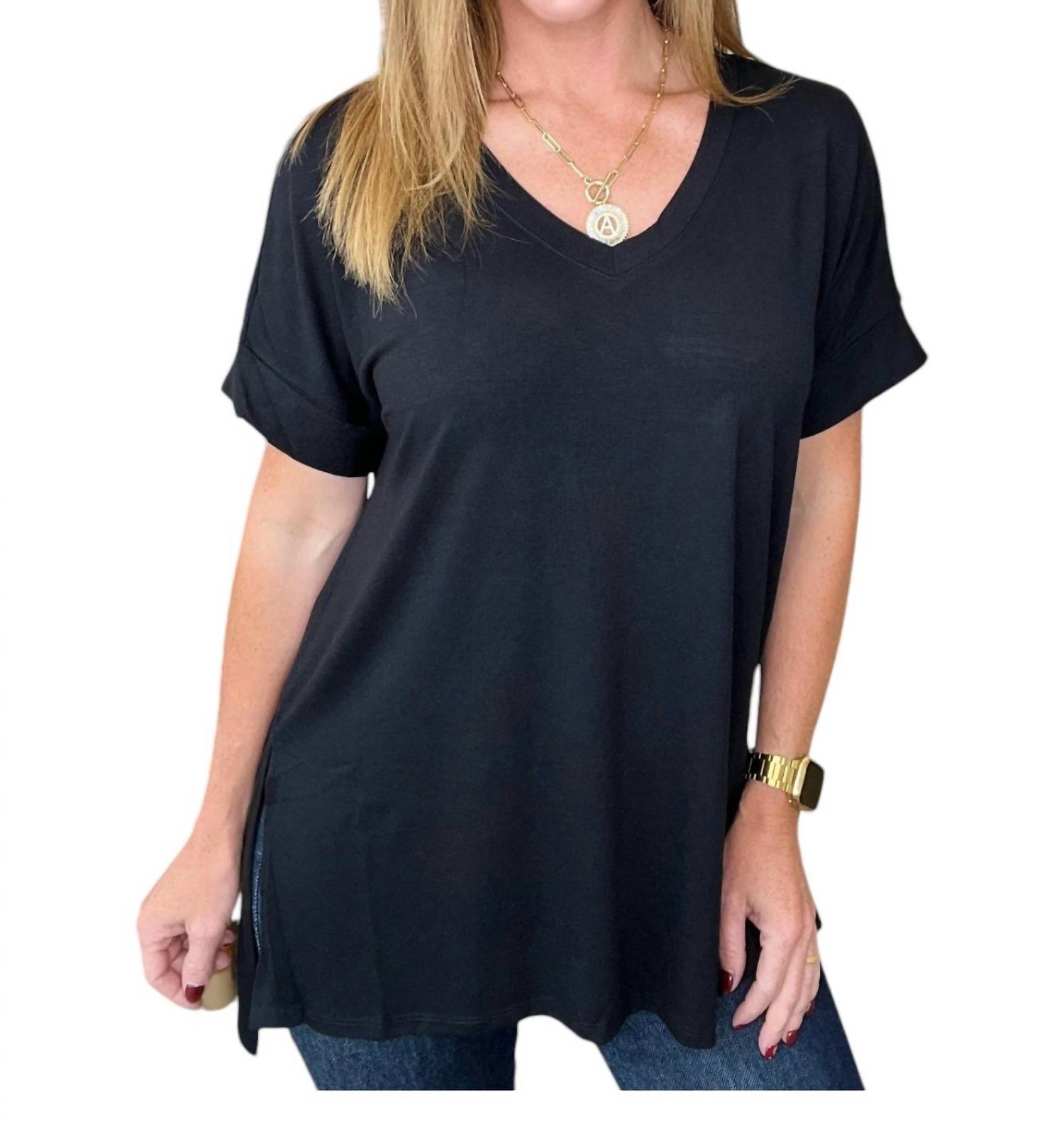Zenana Cuffed Sleeve Hi-Low Hem Top - Walmart.com