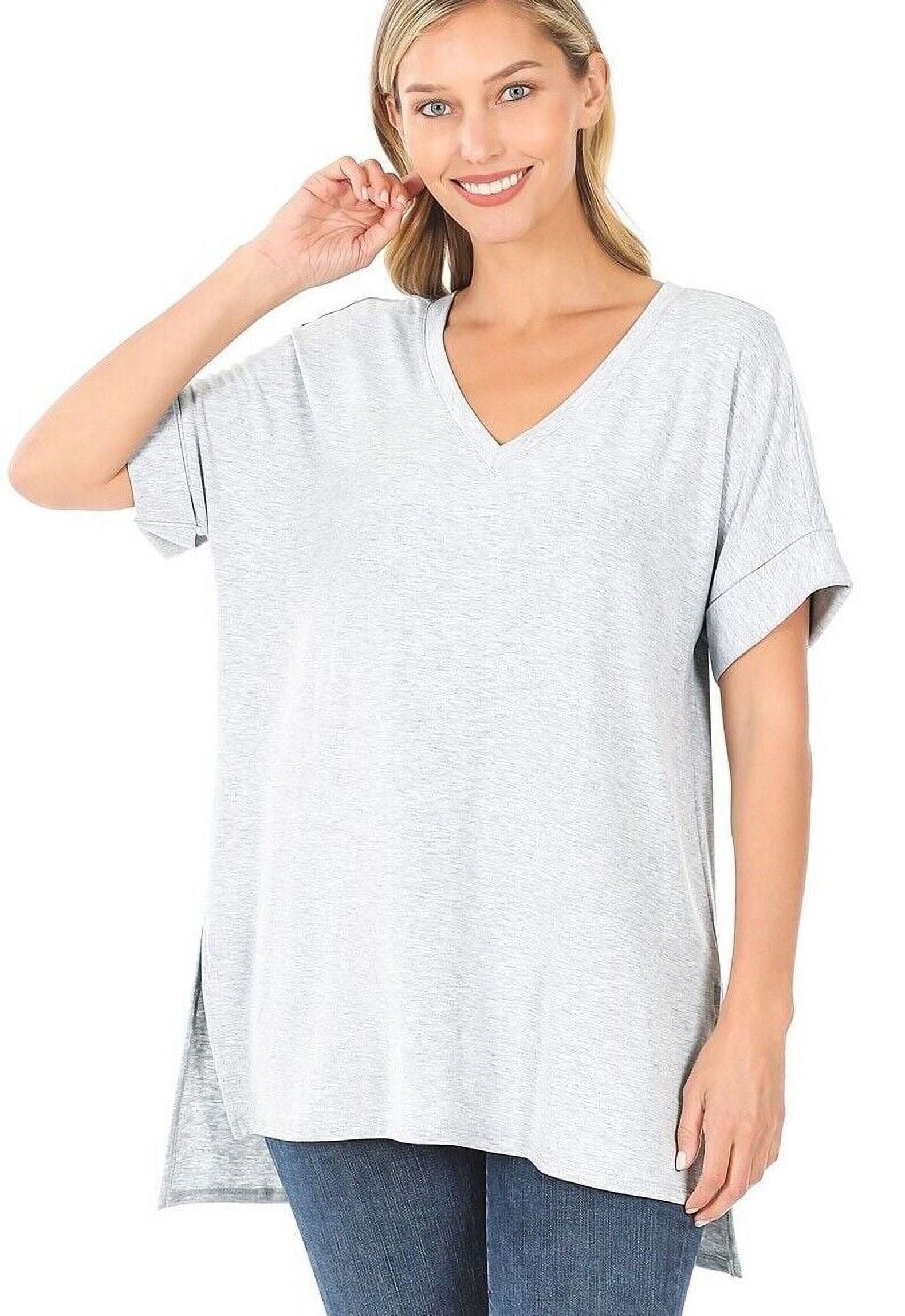 (ZENANA) Rolled Short Sleeve Side Slit Hi-Low Hem Top_ Regular and Plus ...