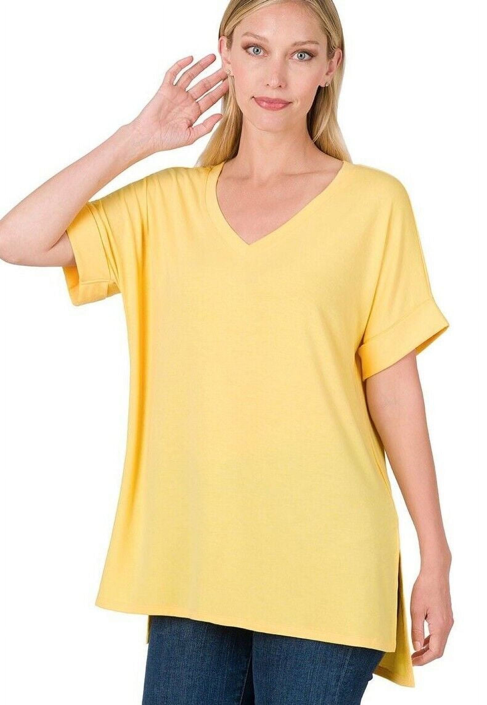 (ZENANA) Rolled Short Sleeve Side Slit Hi-Low Hem Top_ Regular and Plus ...