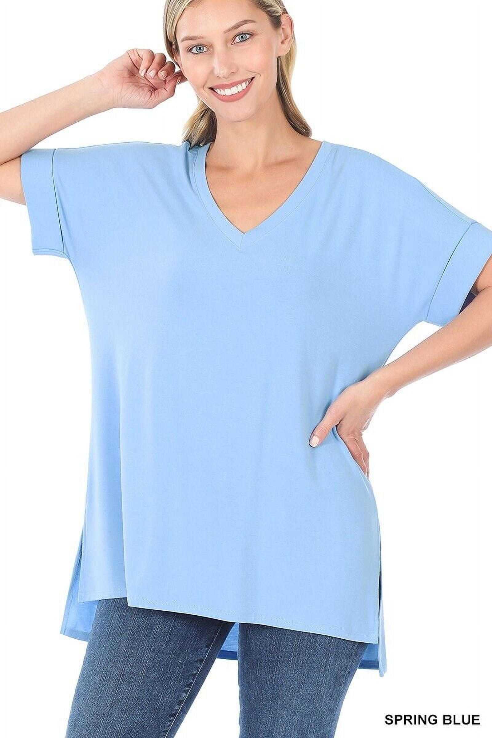 (ZENANA) Rolled Short Sleeve Side Slit Hi-Low Hem Top_ Regular and Plus ...