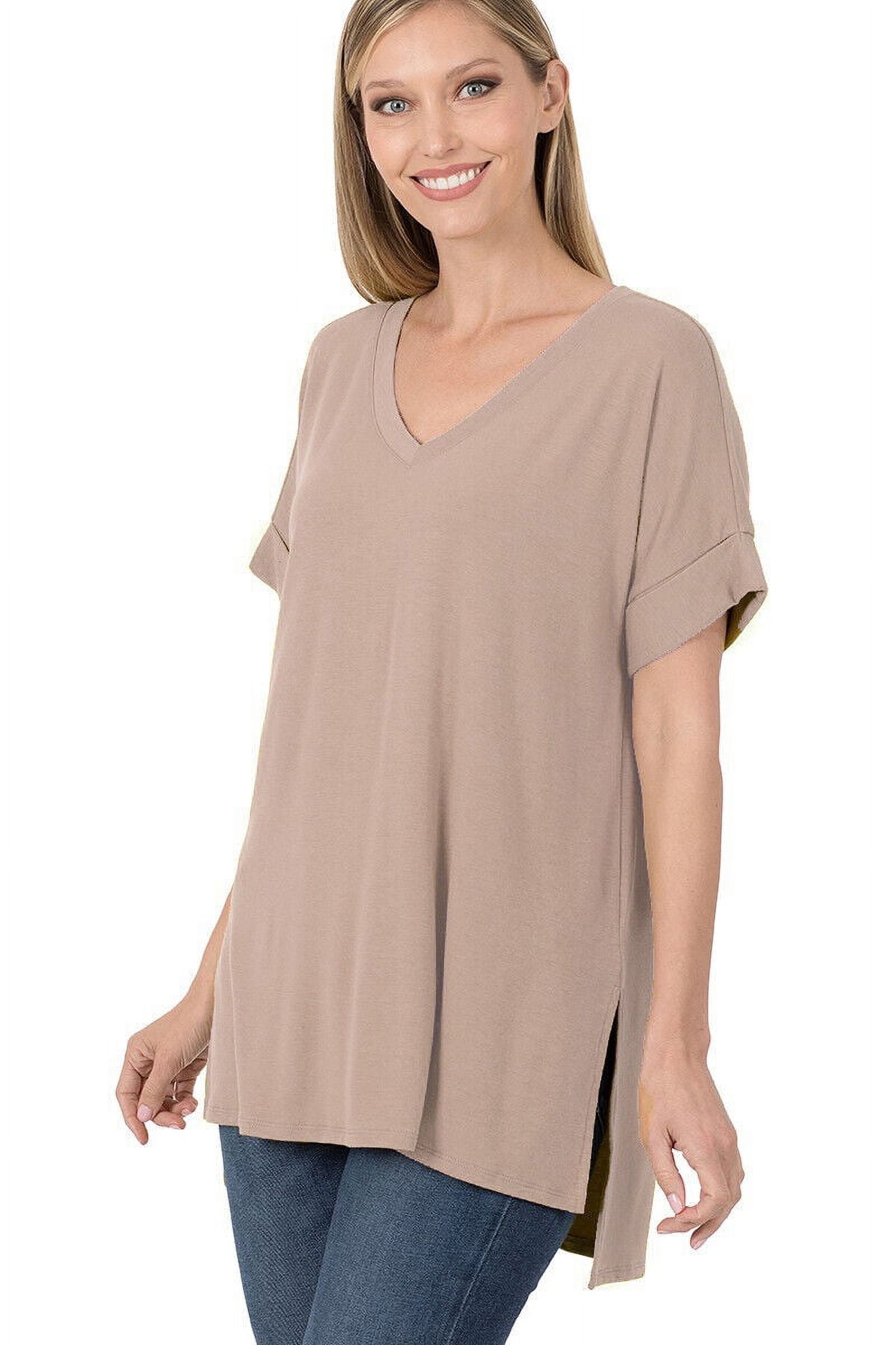 (ZENANA) Rolled Short Sleeve Side Slit Hi-Low Hem Top_ Regular and Plus ...