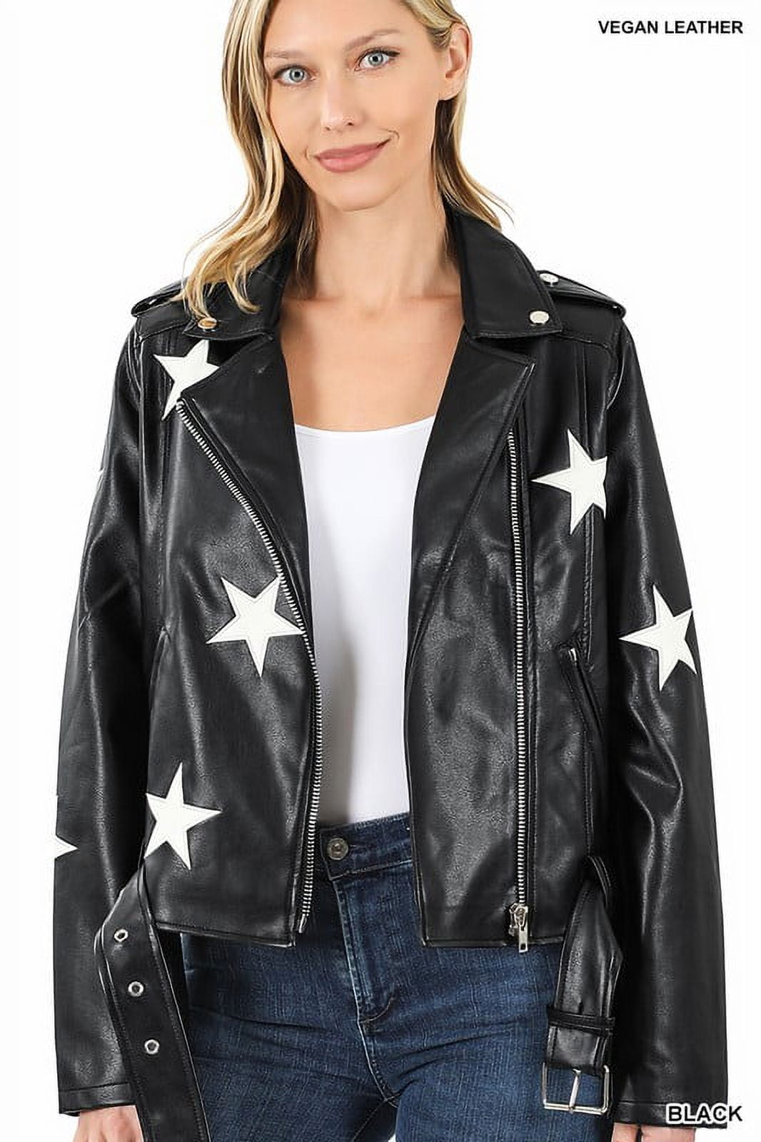 ZENANA VEGAN LEATHER STAR PATCH BELTED MOTO JACKET IN 3 COLORS ...