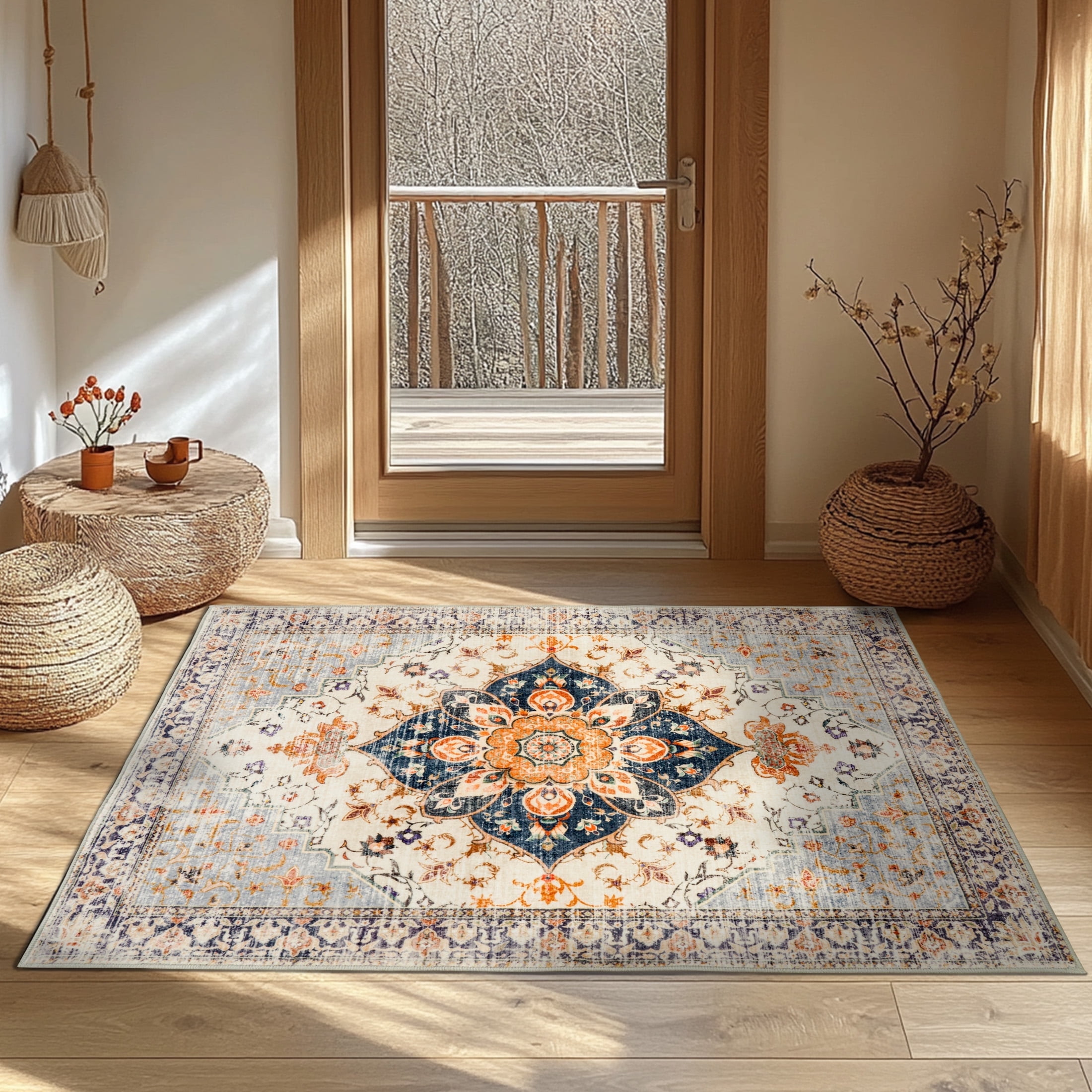 ZENELESS 3x5ft Washable Area Rugs,Non Slip Vintage Print Carpet, Low ...