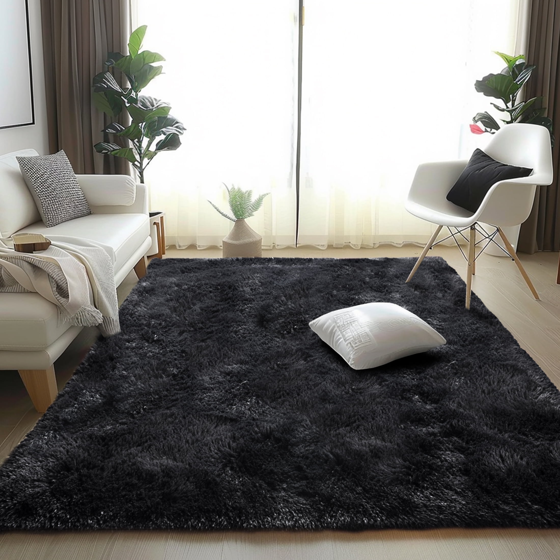 Sangold Large 4'x6' Black Fuzzy Plush Area Rug, Cozy for Living Room ...